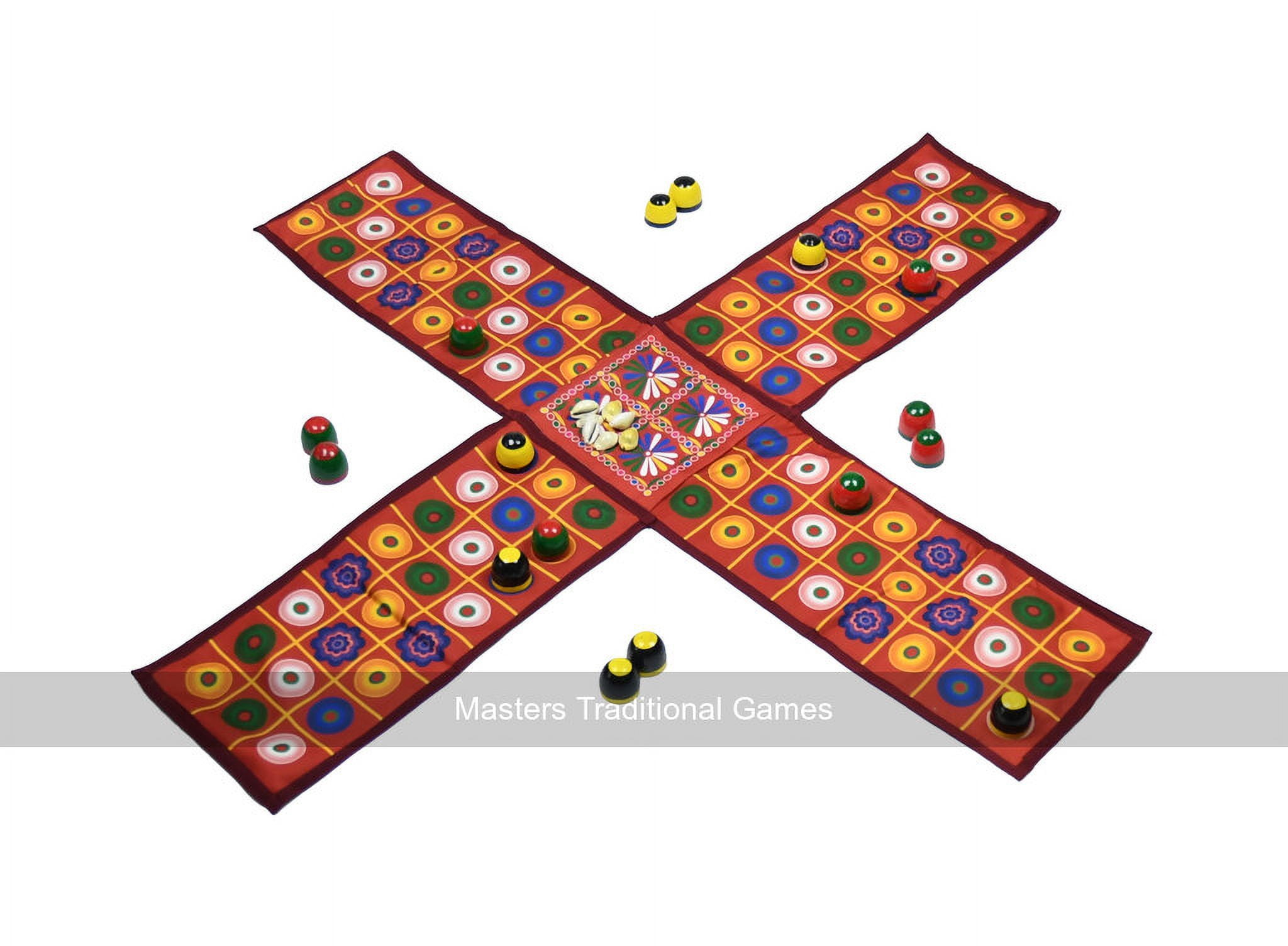 Pachisi - cloth board with beehive pieces and cowry shells (colorful ...