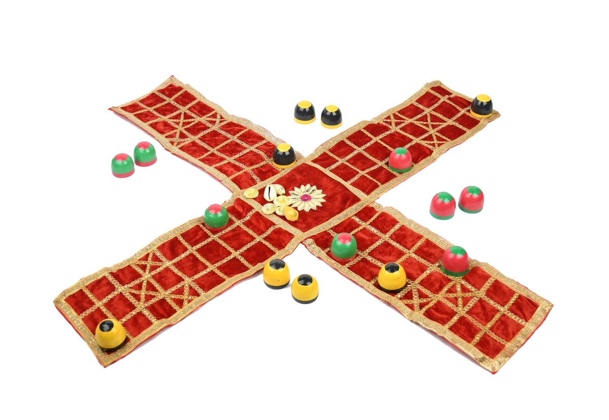 Pachisi - cloth board with beehive pieces and cowry shells (gold ...