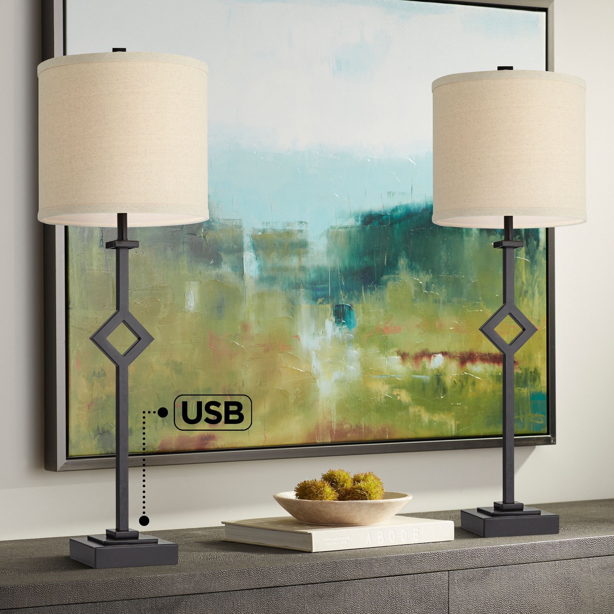 Franklin Iron Works Audrey 29 1/2" Black USB Table Lamps Set of 2 ...