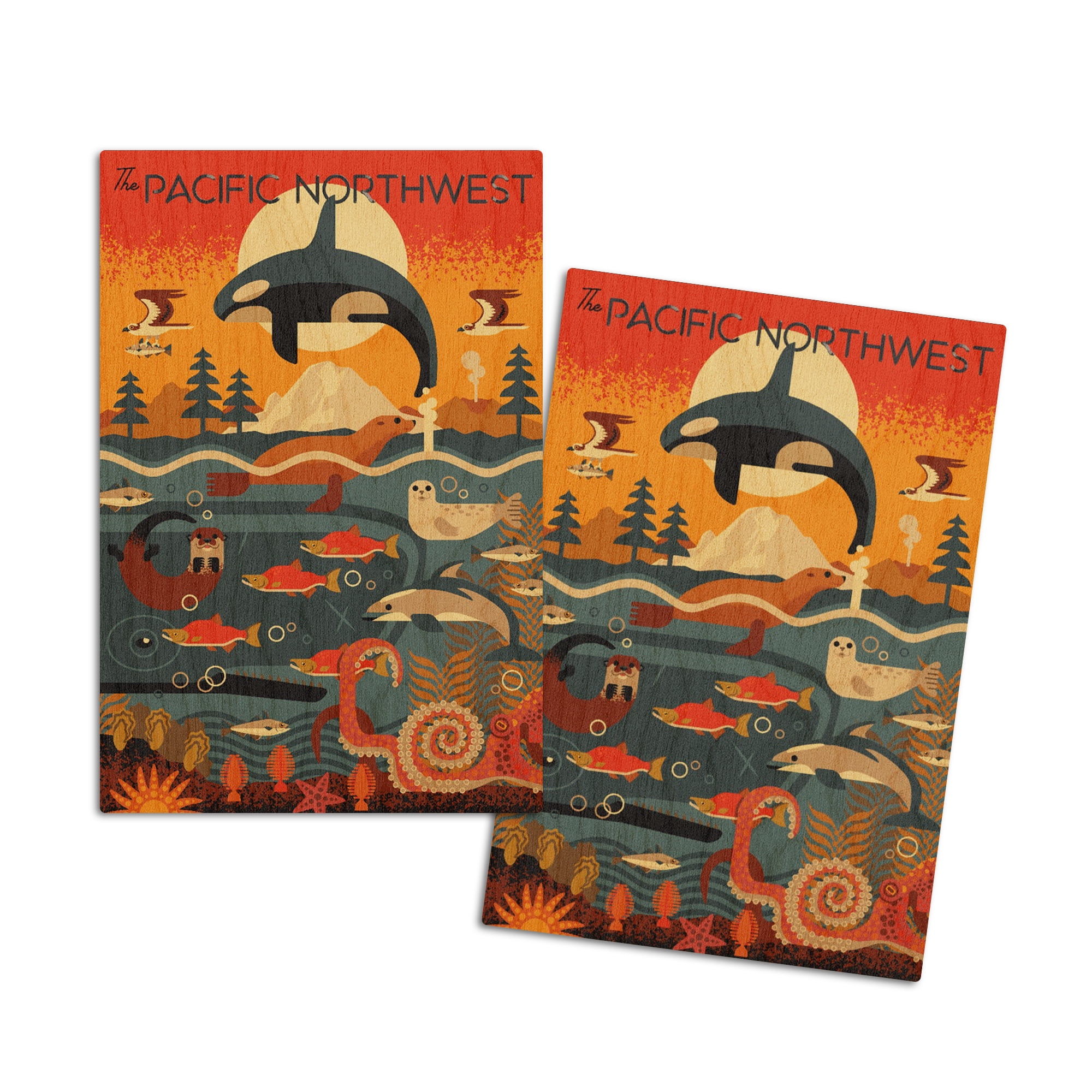 Pacific Northwest, Marine Animals, Geometric (4x6 Birch Wood Postcards ...