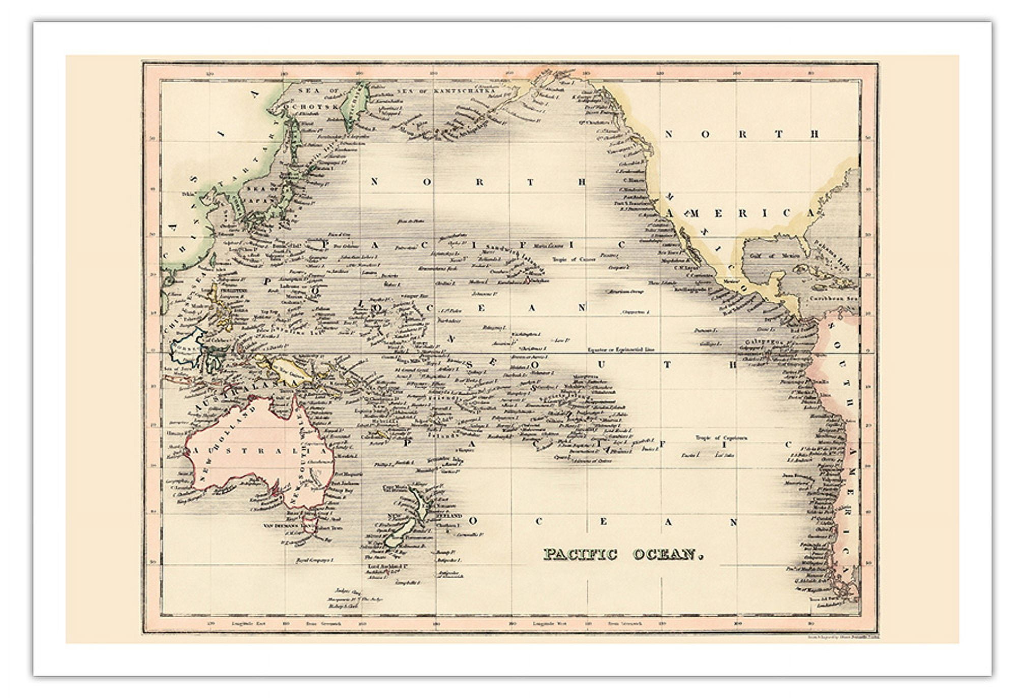Pacific Ocean - Dower's General Atlas of the Earth - Vintage Colored ...