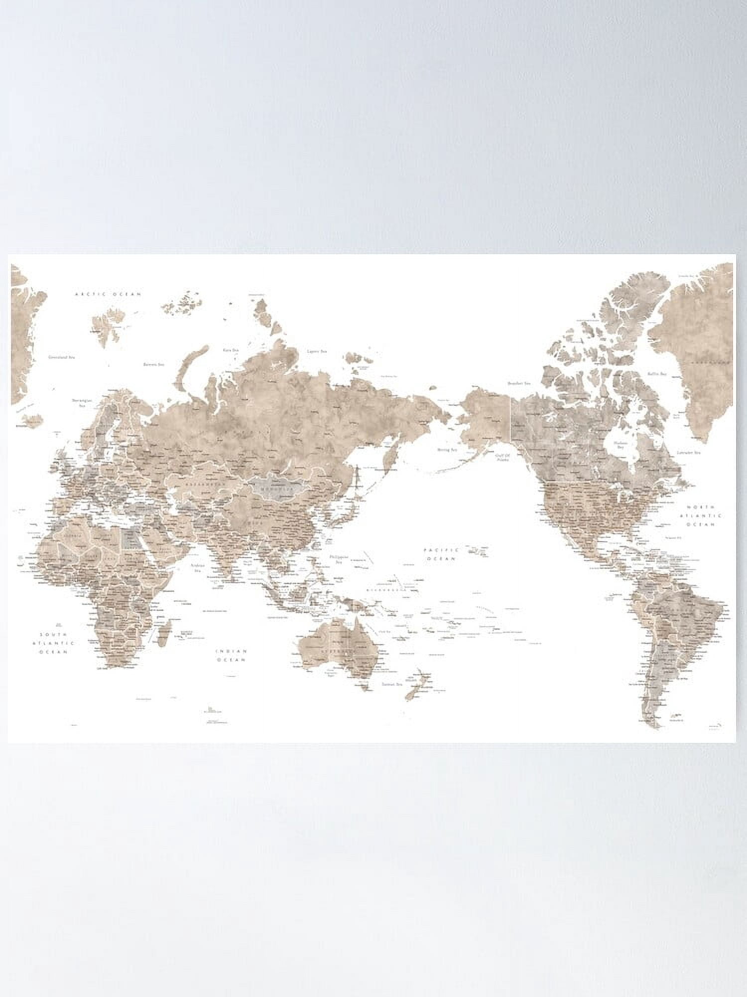 Pacific centered detailed world map in neutral watercolor, Abey Poster ...