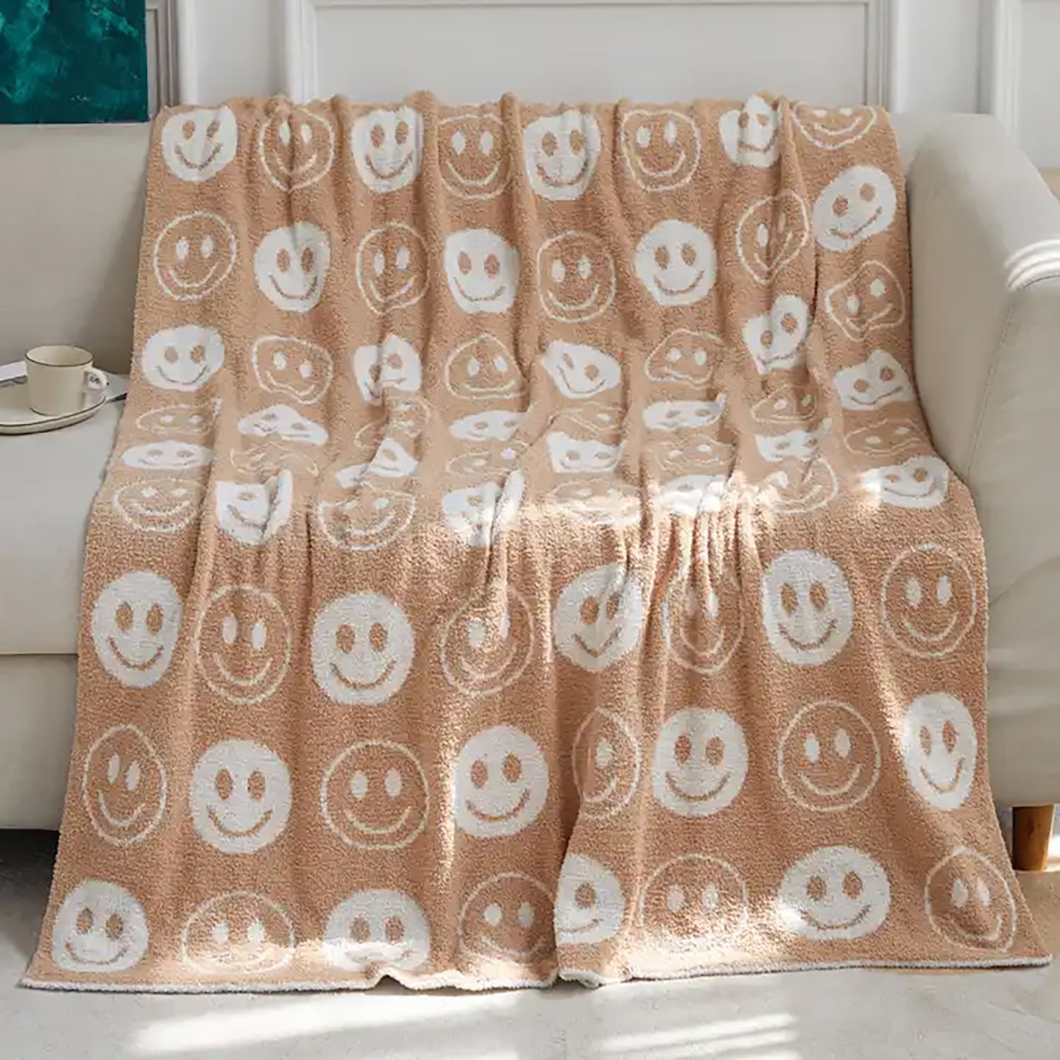 PacificPlex Preppy Plush Soft Smile Blanket Reversible (50 x 60, Tan ...