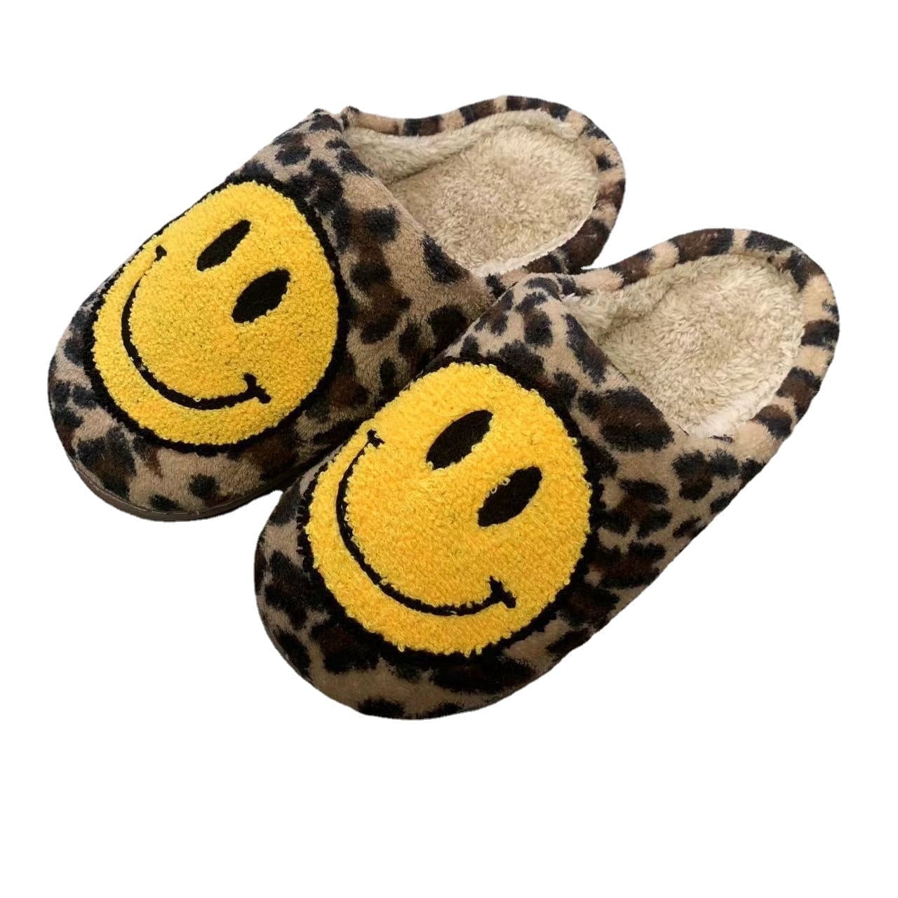 PacificPlex Smiley Fuzzy Plush Slippers, Memory Foam Sole, Leopard ...