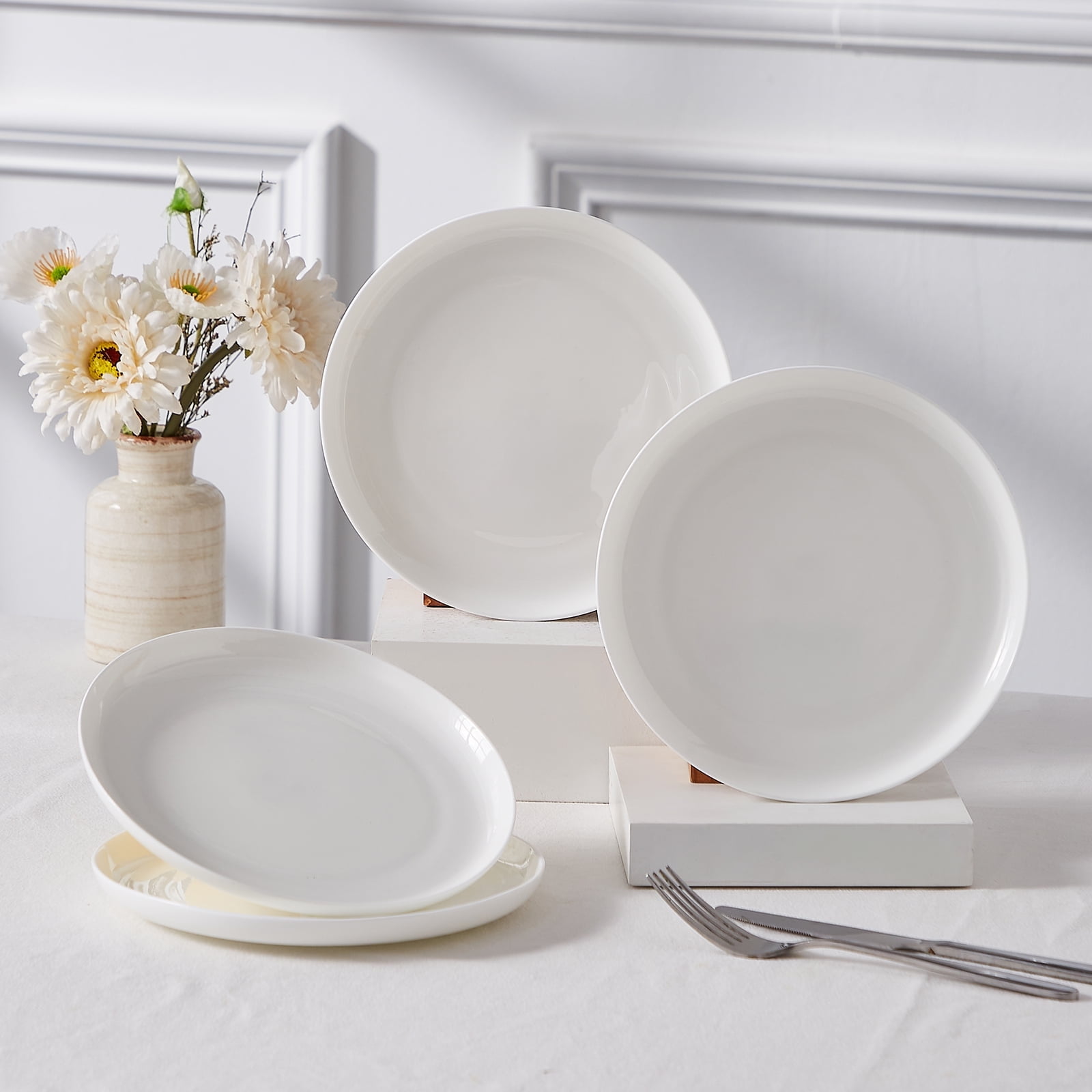 Pacifica Home Billy Coupe Shape Bone China Modern White Porcelain Dinnerware Set, Service for 4 ...