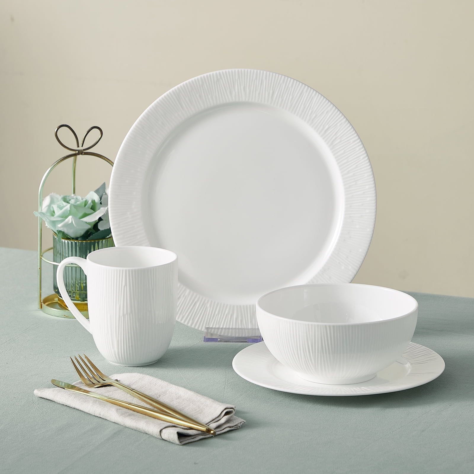 Pacifica Home Bone China Modern White Porcelain Dinnerware Set, Service for 4, Chip & Scratch ...