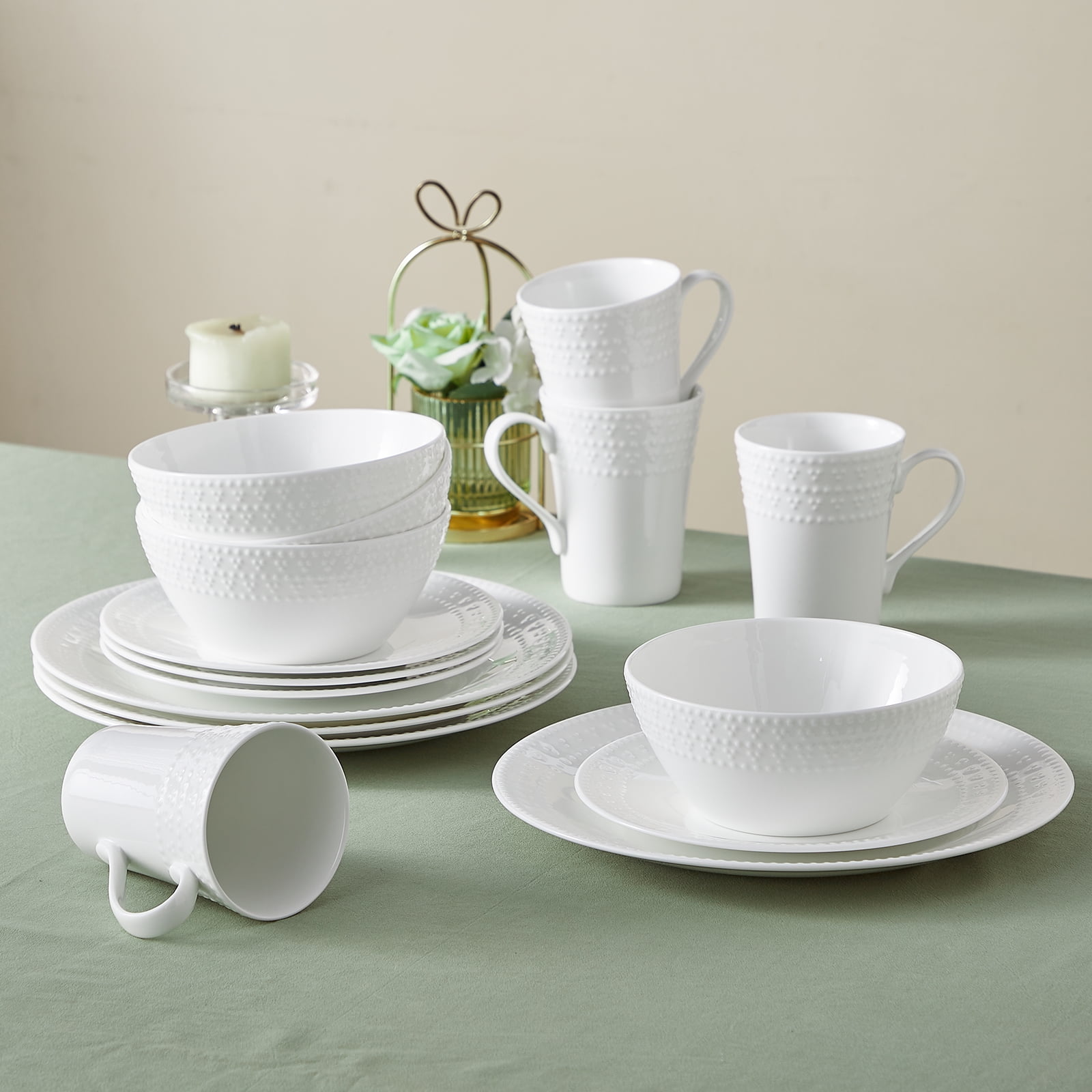 Pacifica Home Lily Bone China Modern White Porcelain Dinnerware Set ...