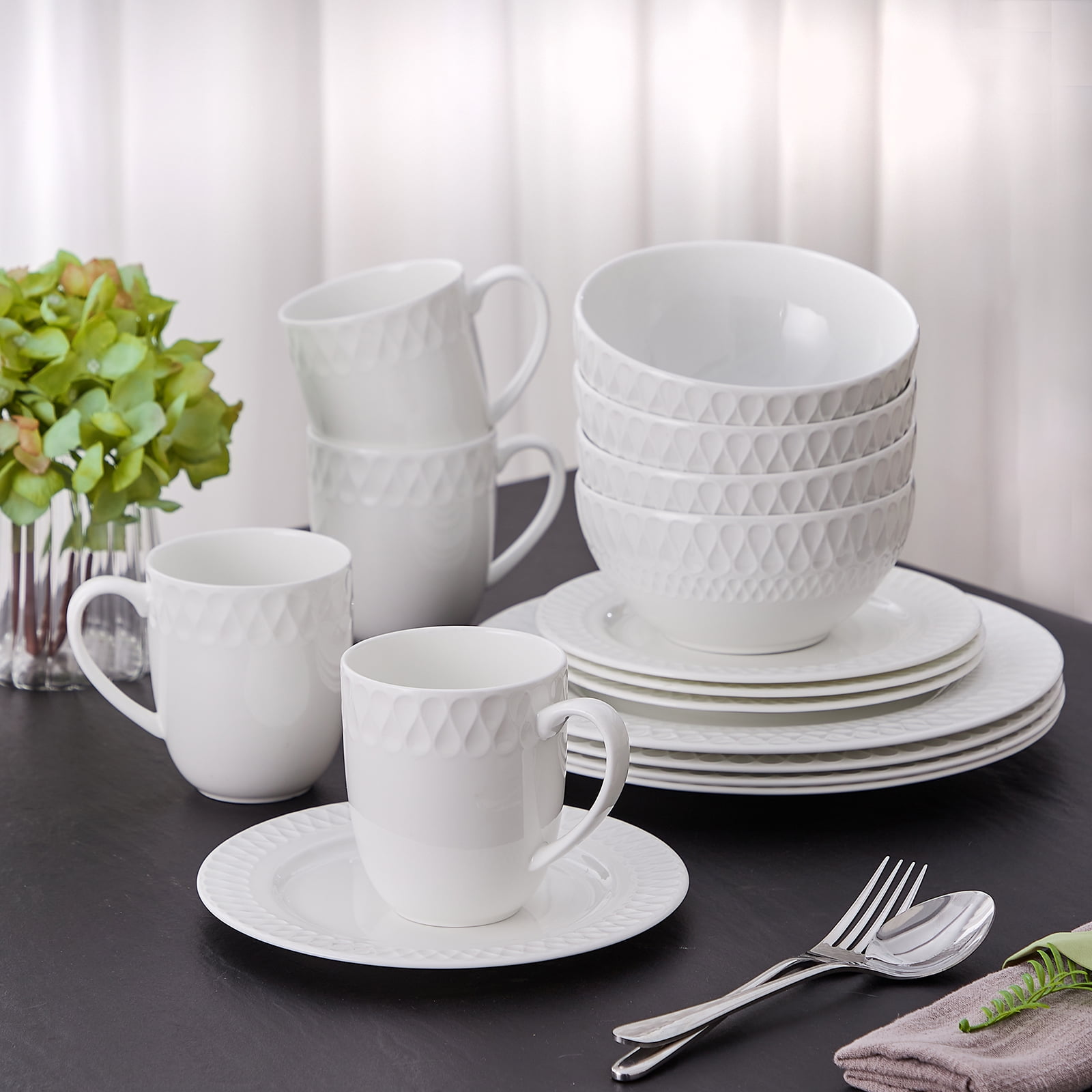 Pacifica Home Mila Bone China Modern White Porcelain Dinnerware Set, Service for 4, Chip ...