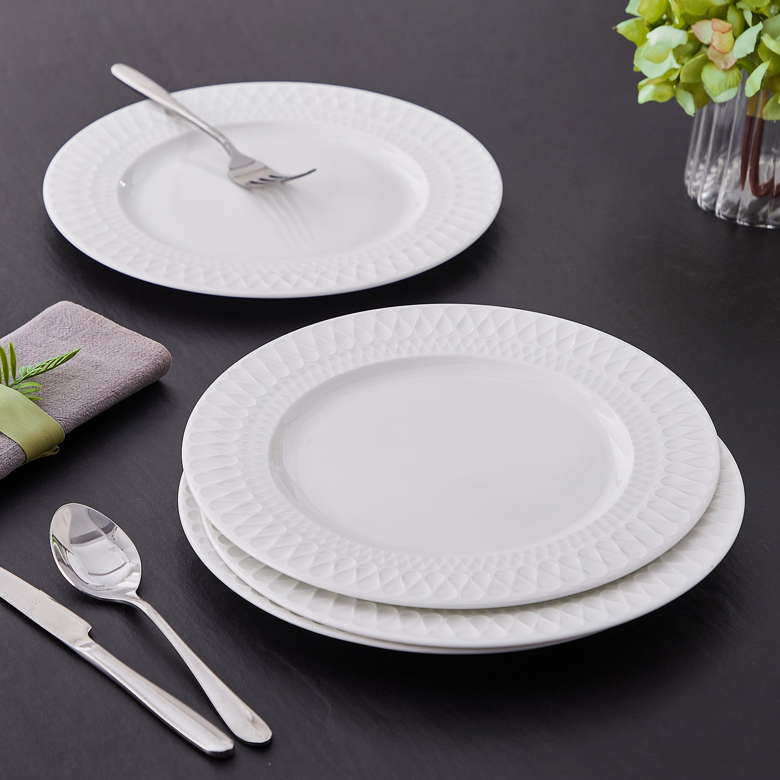 Pacifica Home Mila Bone China Modern White Porcelain Dinnerware Set, Service for 4, Chip ...