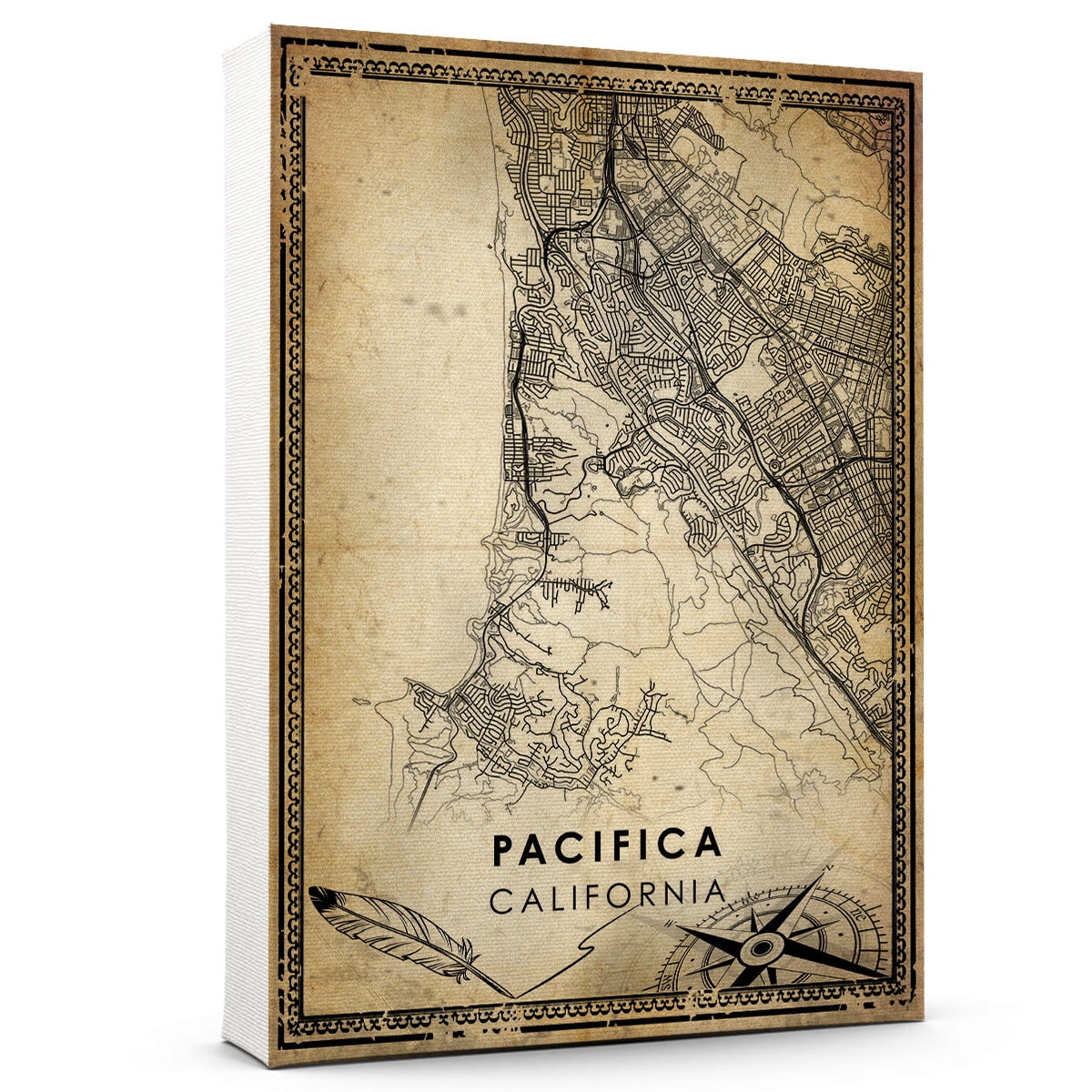 Pacifica Vintage Map Prints Canvas, California Map Art Canvas, Canvas ...