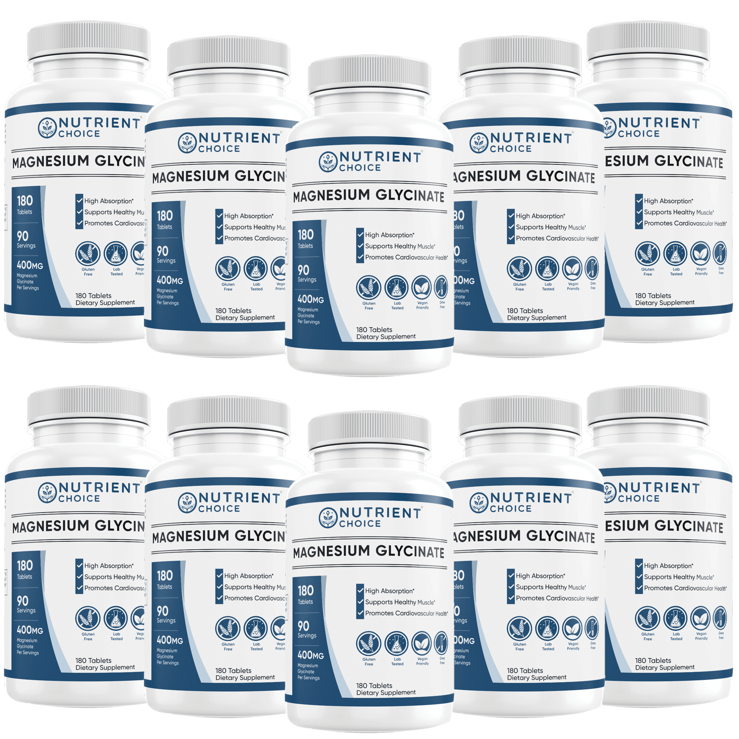 (Pack of 10) Nutrient Choice 400 mg Magnesium Glycinate 180 Tablets 90 ...