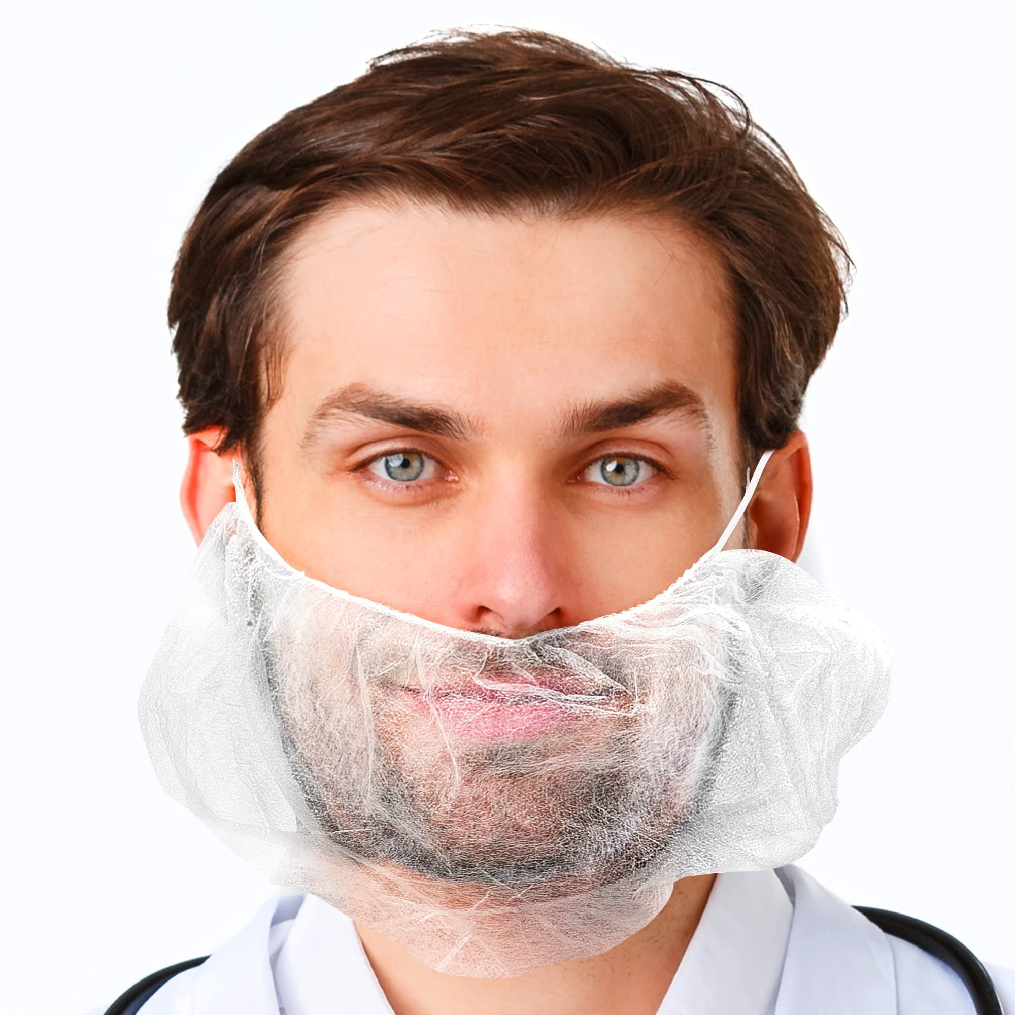 White Disposable Beard Covers for Men, 21 Inch. Pack of 100 Spunbond Polypropylene Beard Guards ...