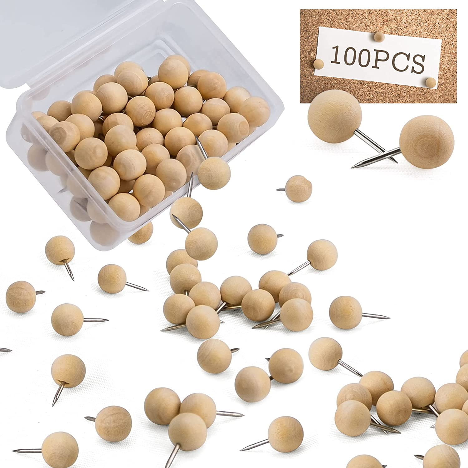 Pack 100 Wooden Push Pins Thumb Tacks Push Pins Steel Point Thumb Tacks ...