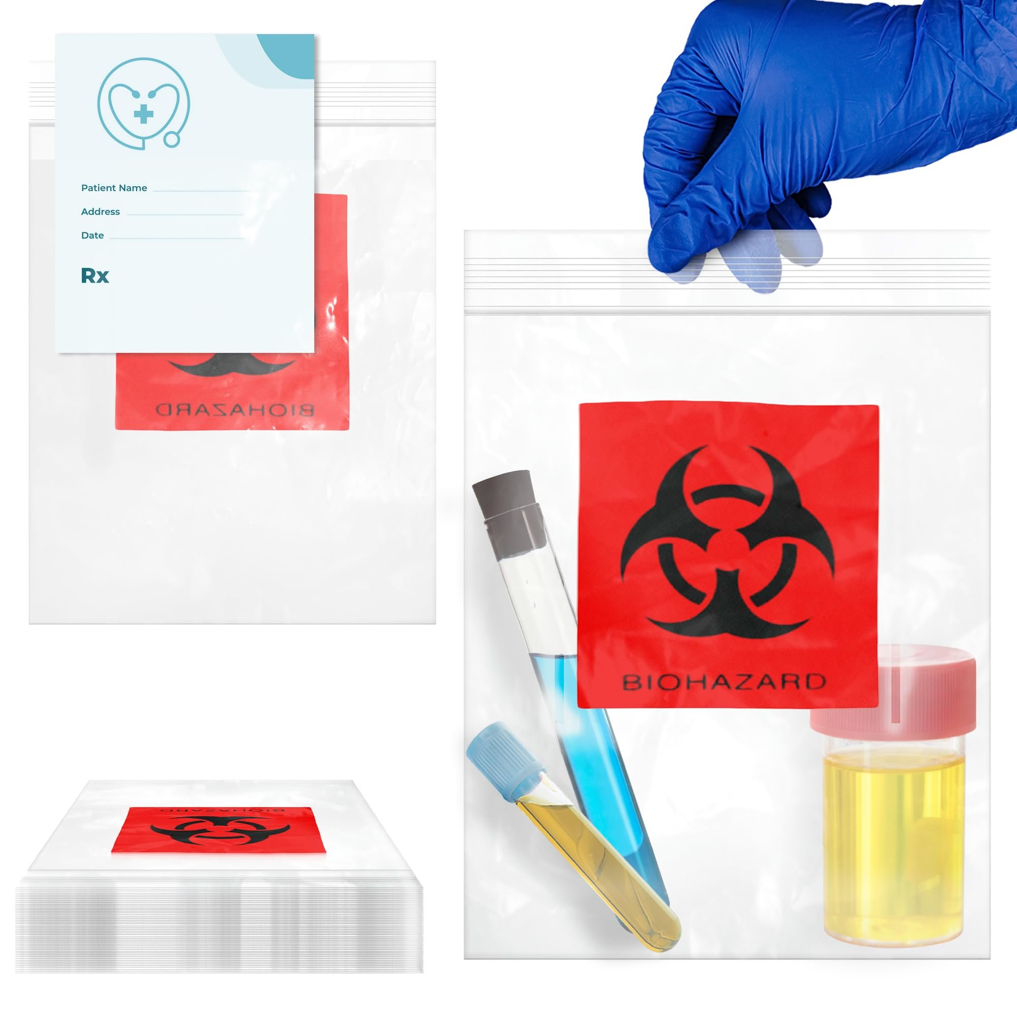 Pack of 1000 Biohazard Specimen Bags, Red and Black 8 x 10. Zipper Locking Clear Bags 8x10 ...