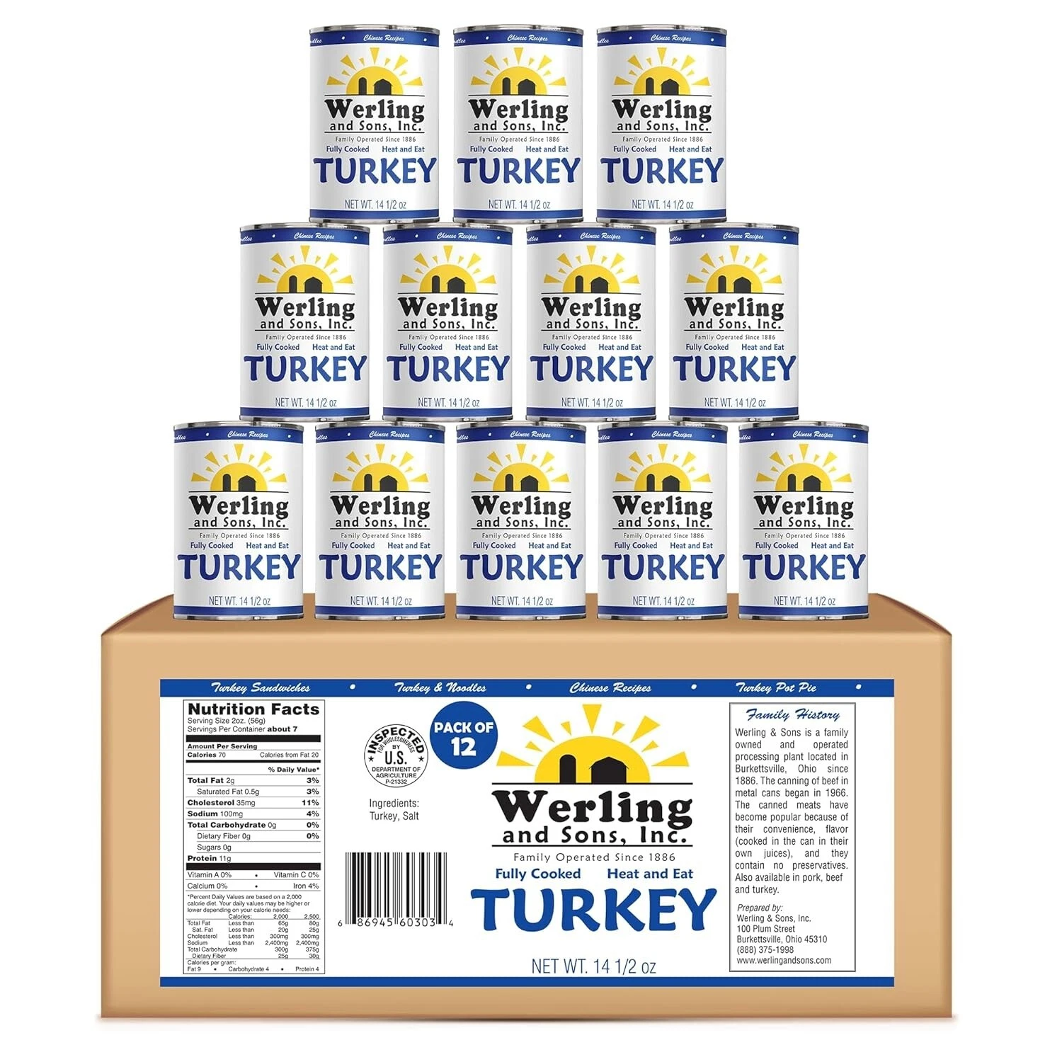 (Pack of 12 Cans) Werling & Sons Fully Cooked Canned Turkey Meat 14.5 ...