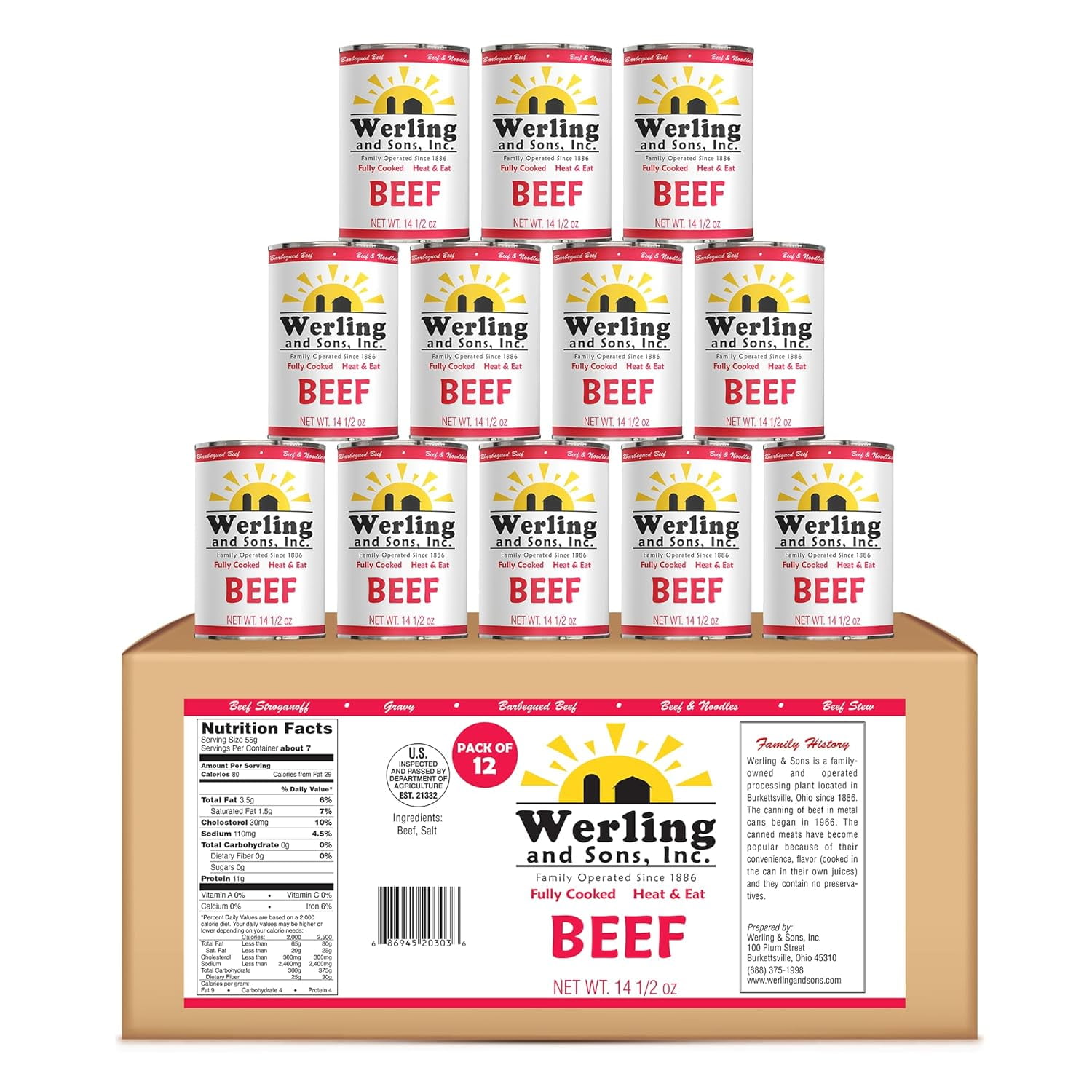 (Pack of 12) Werling and Sons Canned Beef 14.5 Oz Fully Cooked Heat ...
