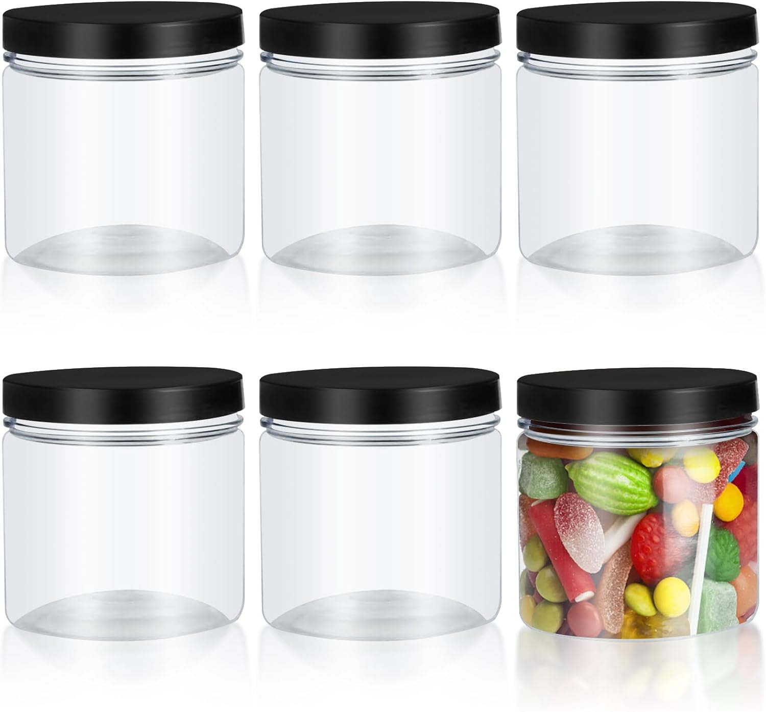Pack 15 Ounces Round Plastic Jars Clear Plastic Jars with Black Lids ...