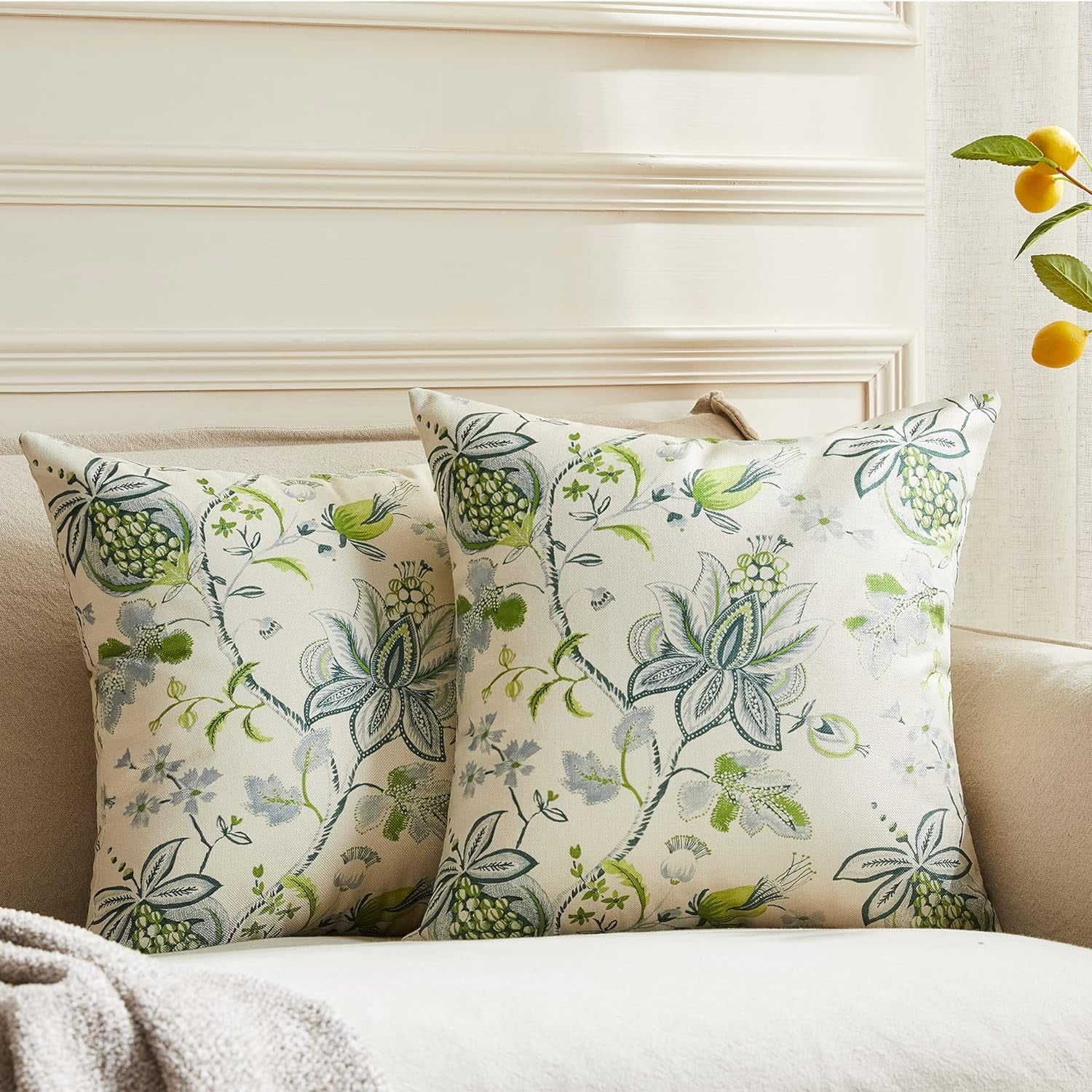 Pack of 2, Chinoiserie Pillow Cover 16 x 16 Inch Green Grey Floral ...