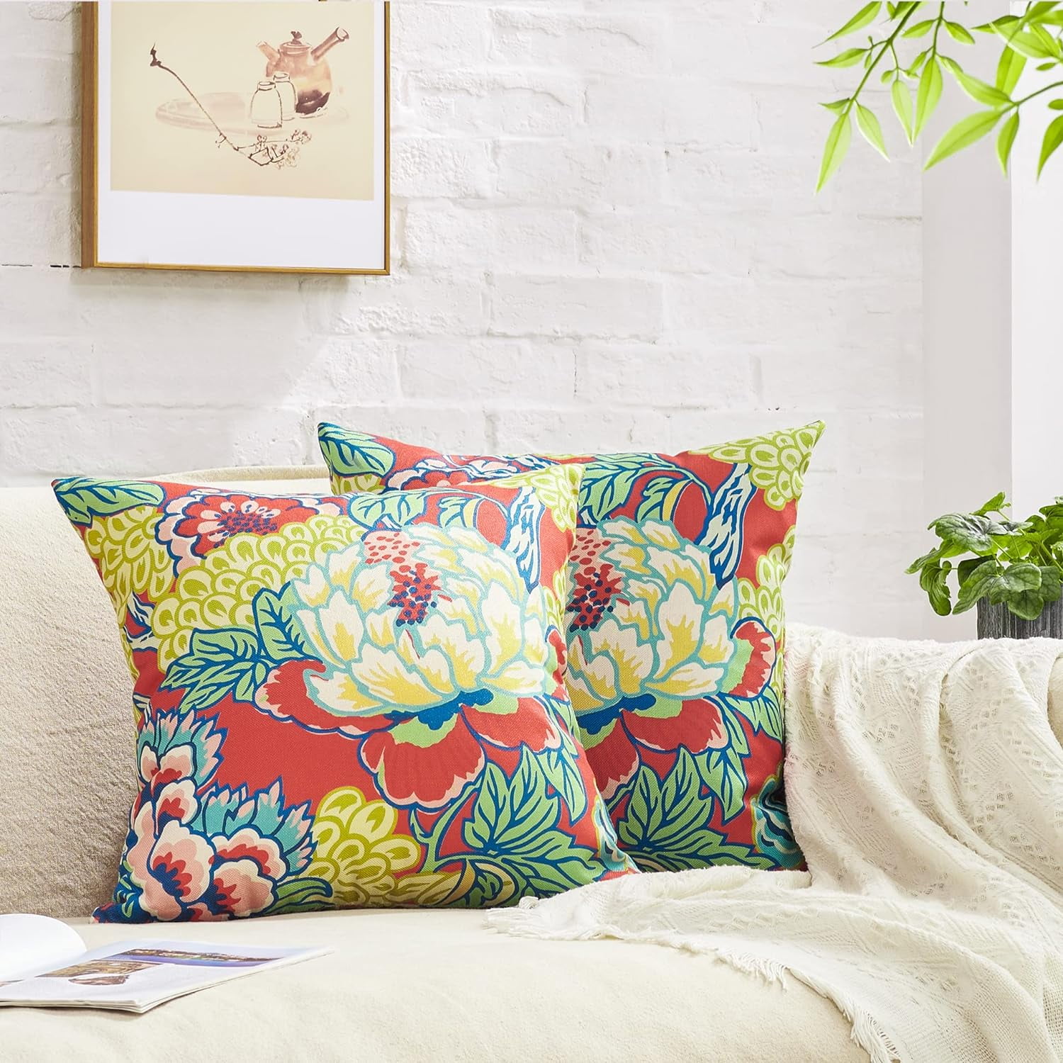 Pack of 2, Chinoiserie Pillow Cover 16 x 16 Inch Peony Floral Pillow ...