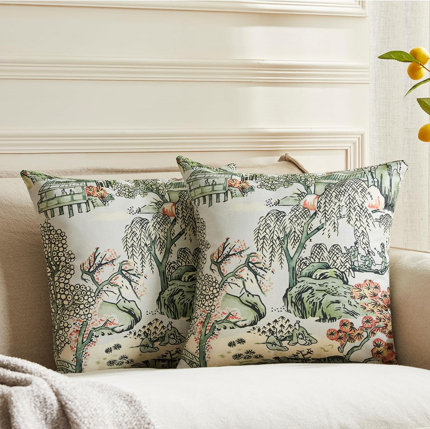 Pack of 2, Chinoiserie Pillow Cover 20 x 20 Inch Asian Scenic Grey and ...