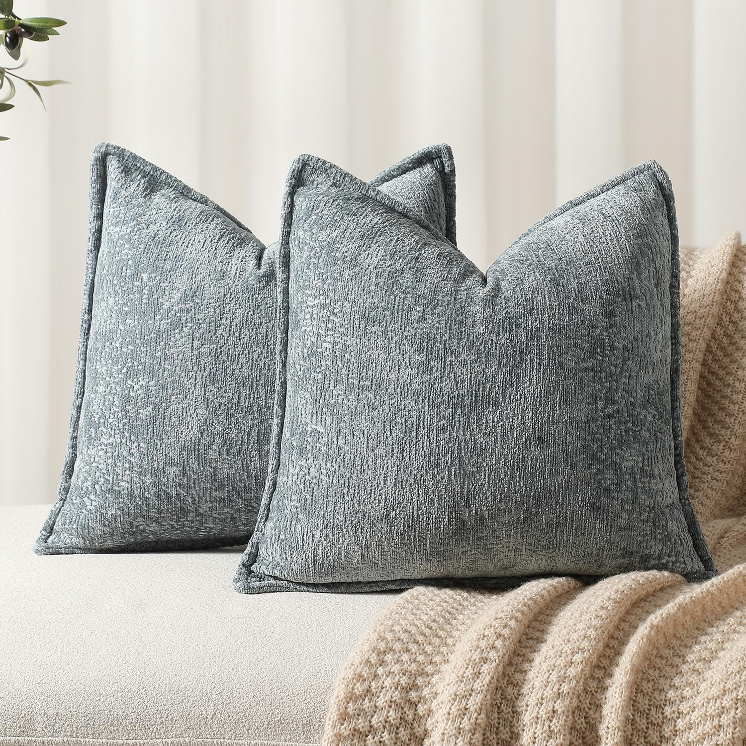 Pack of 2 Dusty Blue Euro Shams Pillow Covers 26x26 Cozy Soft Chenille ...