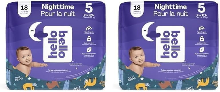 (Pack of 2) Hello Bello Premium Overnight Baby Diapers Size 5 I 18 Count of Ultra Absorbent and ...