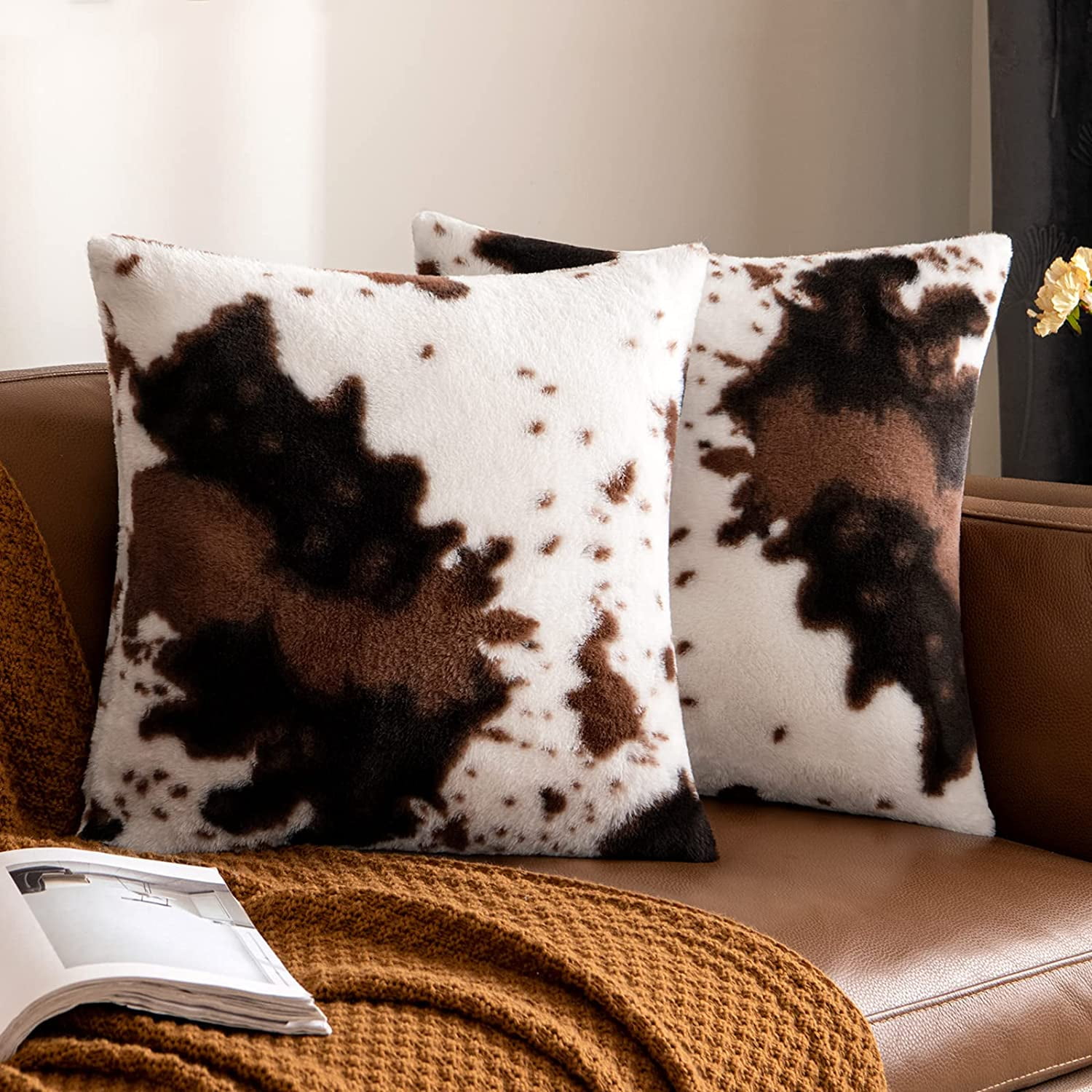 Pack of 2 Luxury Faux Fur Throw Pillow Covers Cowhide Decorative Soft ...
