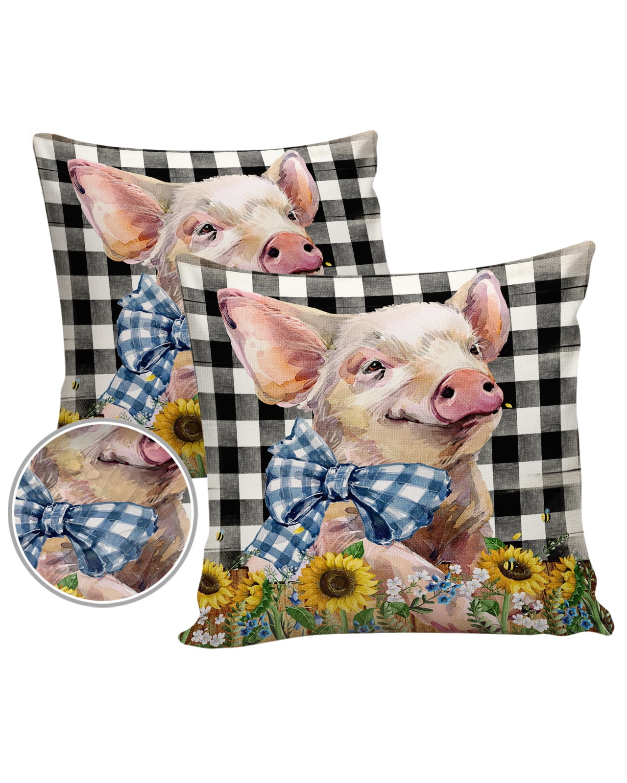 Pack of 2 Outdoor Pillow Covers, Farm Pig Sunflower Wood Black and ...