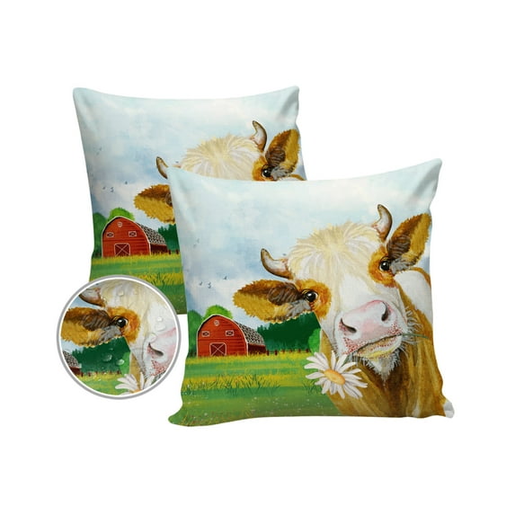 Pack of 2 Outdoor Pillow Covers, Farms Barn Cattle with Daisies ...