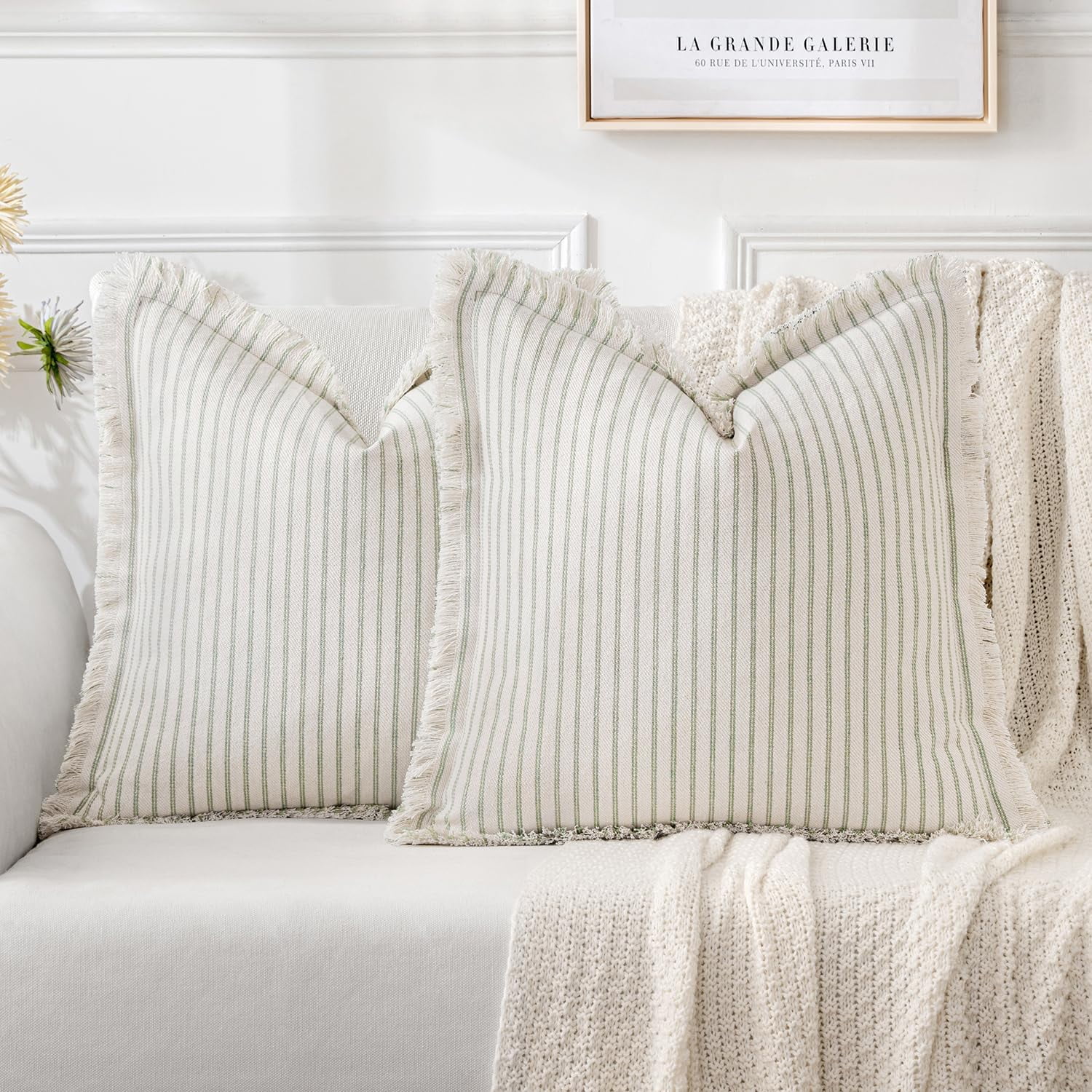 Pack of 2 Sage Green Pillow Covers 24x24 Inch Striped Farmhouse Couch ...