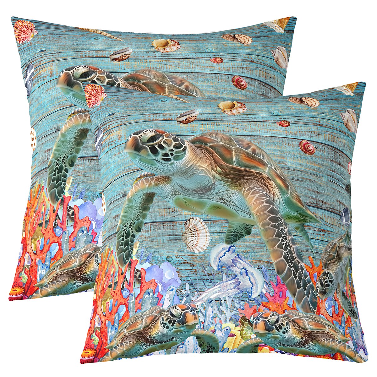 Pack Of 2 Sea Turtle Cushion Covers Cute Jellyfish Pillow Covers 16x16 ...