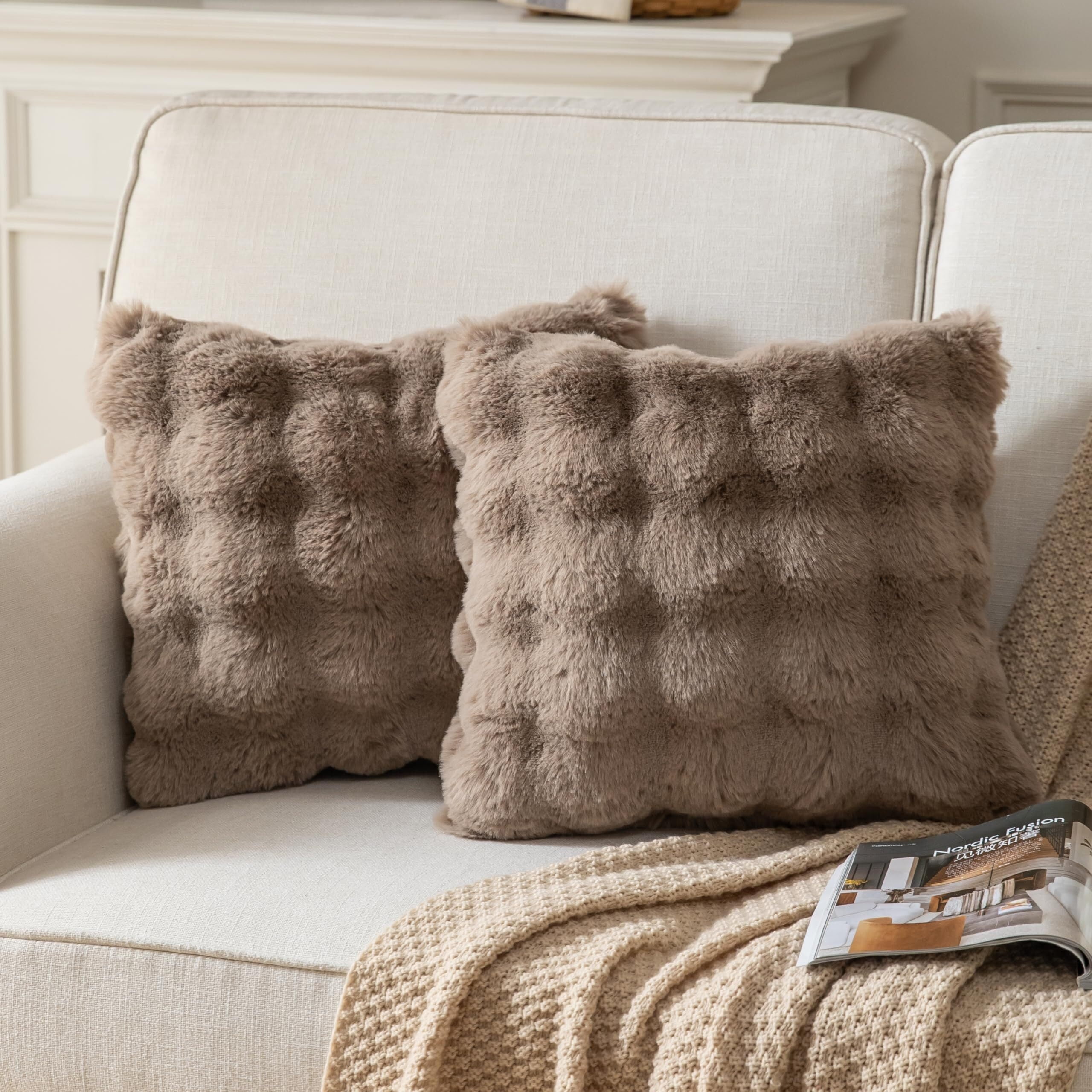 Pack of 2 Thick Plush Throw Pillow Covers Fluffy Wave Faux Fur ...