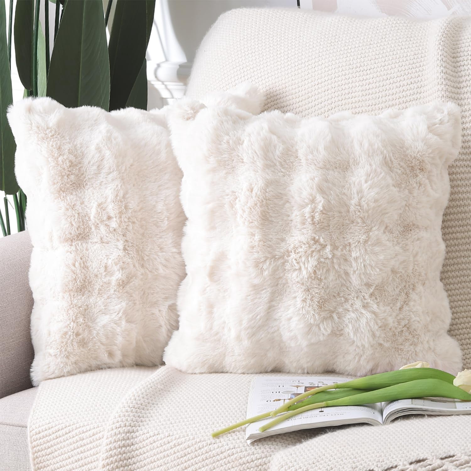 Pack of 2 Thick Plush Wool Throw Pillow Covers 18x18 Inch Cream Soft ...