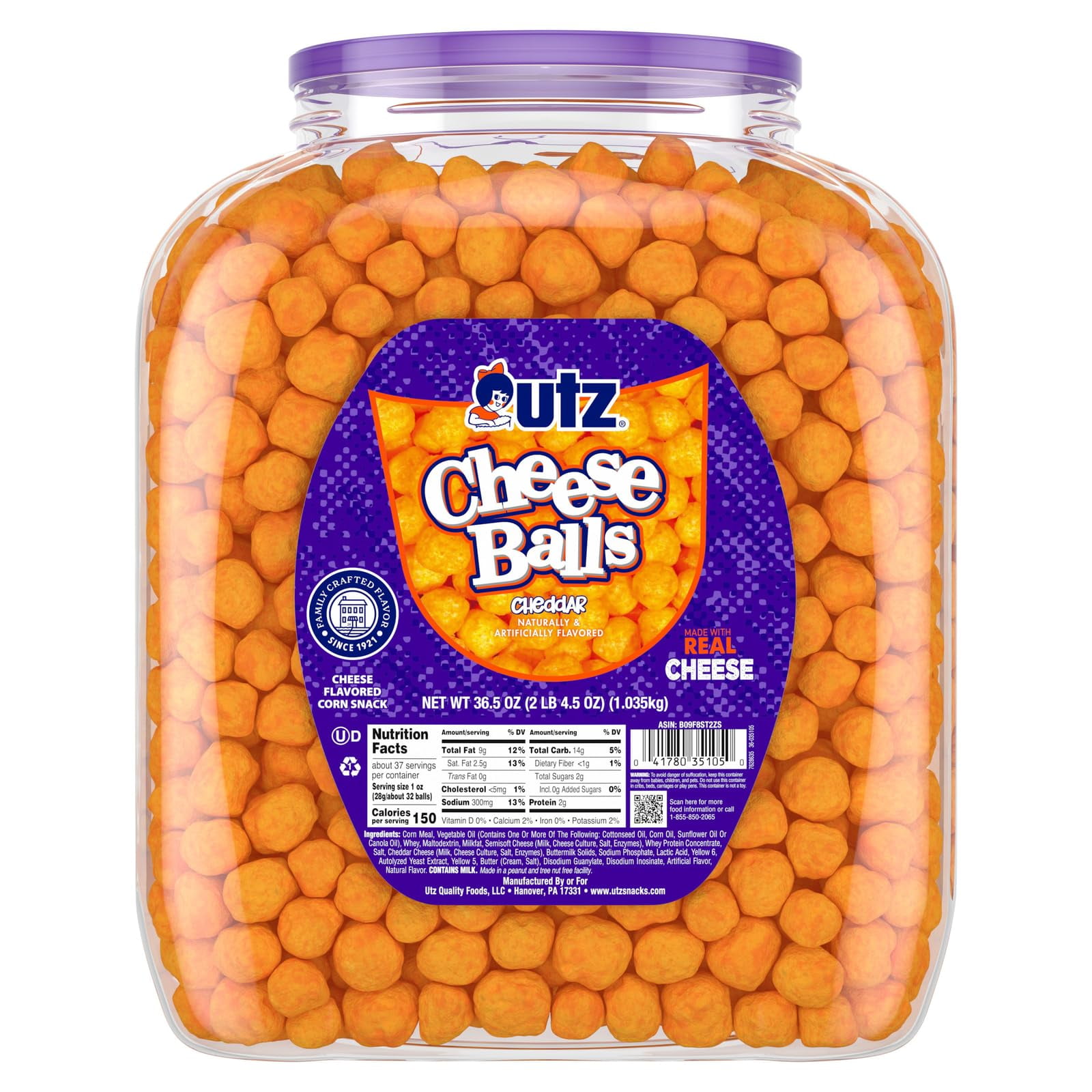 Pack of 2 - Utz Cheese Balls Barrel, Tasty Snack Baked With Real ...