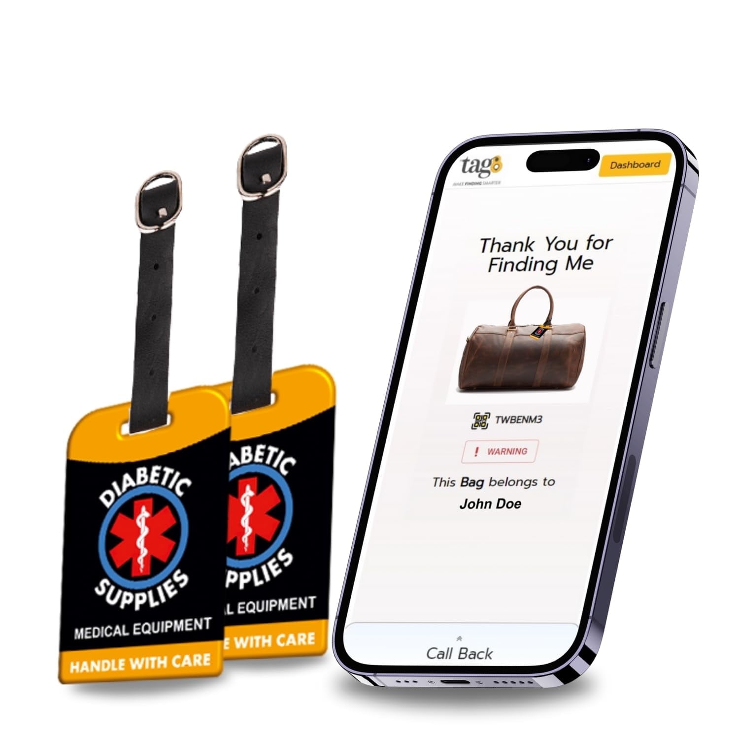 [Pack 2] tag8 Diabetic Supplies Smart Luggage Tag ID Identification ...
