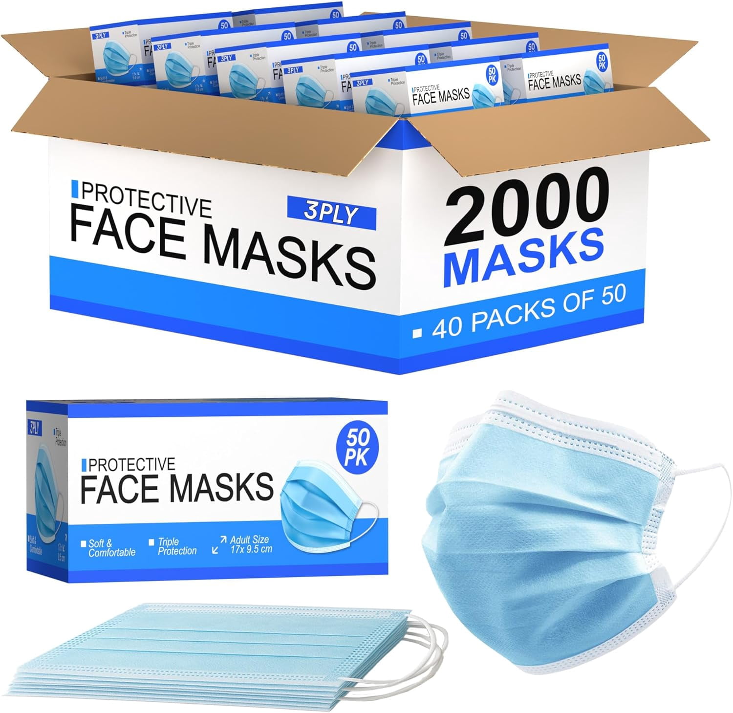 [Pack of 2000] Blue Disposable Face Masks | Protective 3-Ply Breathable ...