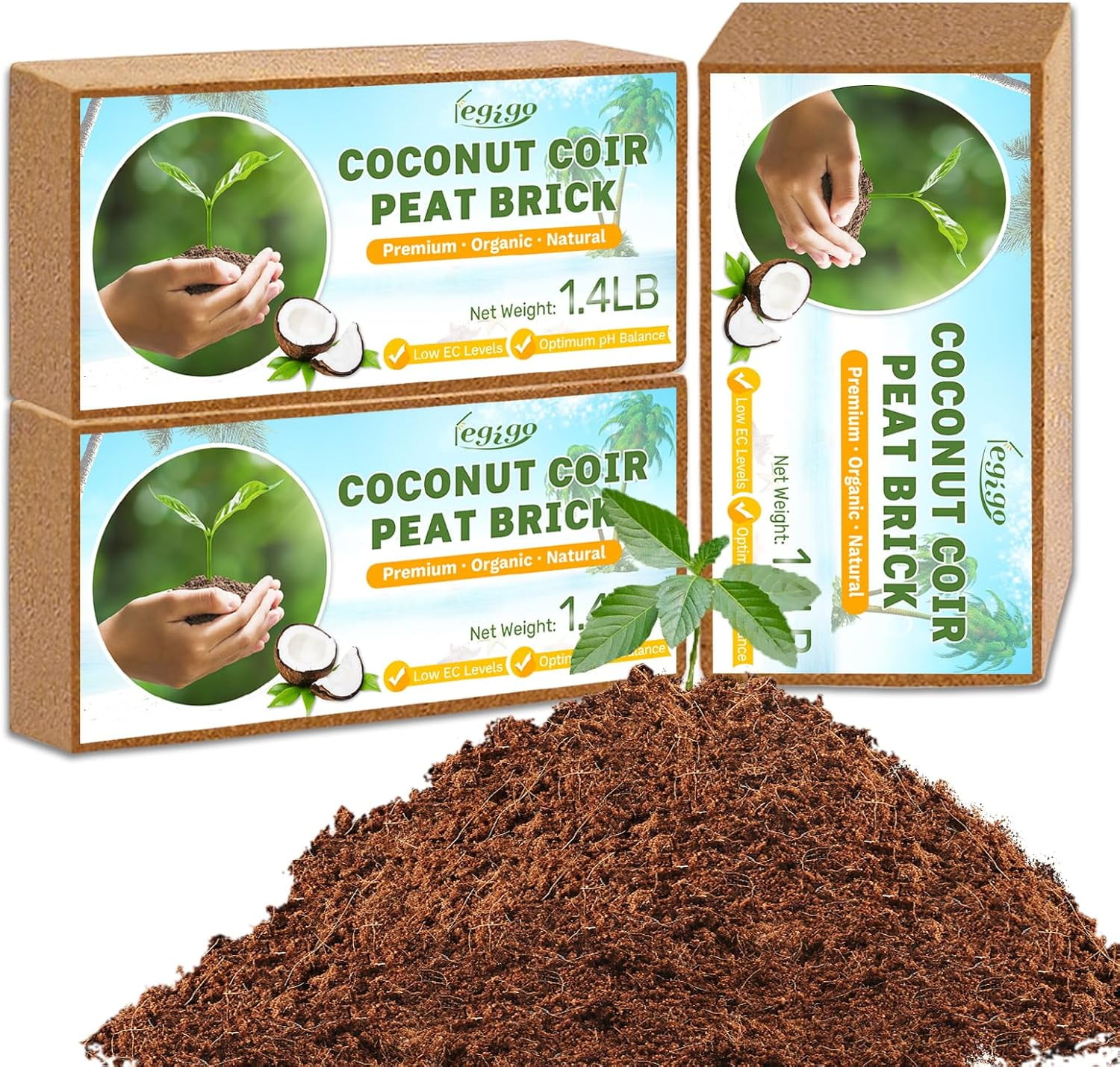 Pack of 3 Organic Coco Coir Bricks- 100% Natural Compressed Coco Peat ...