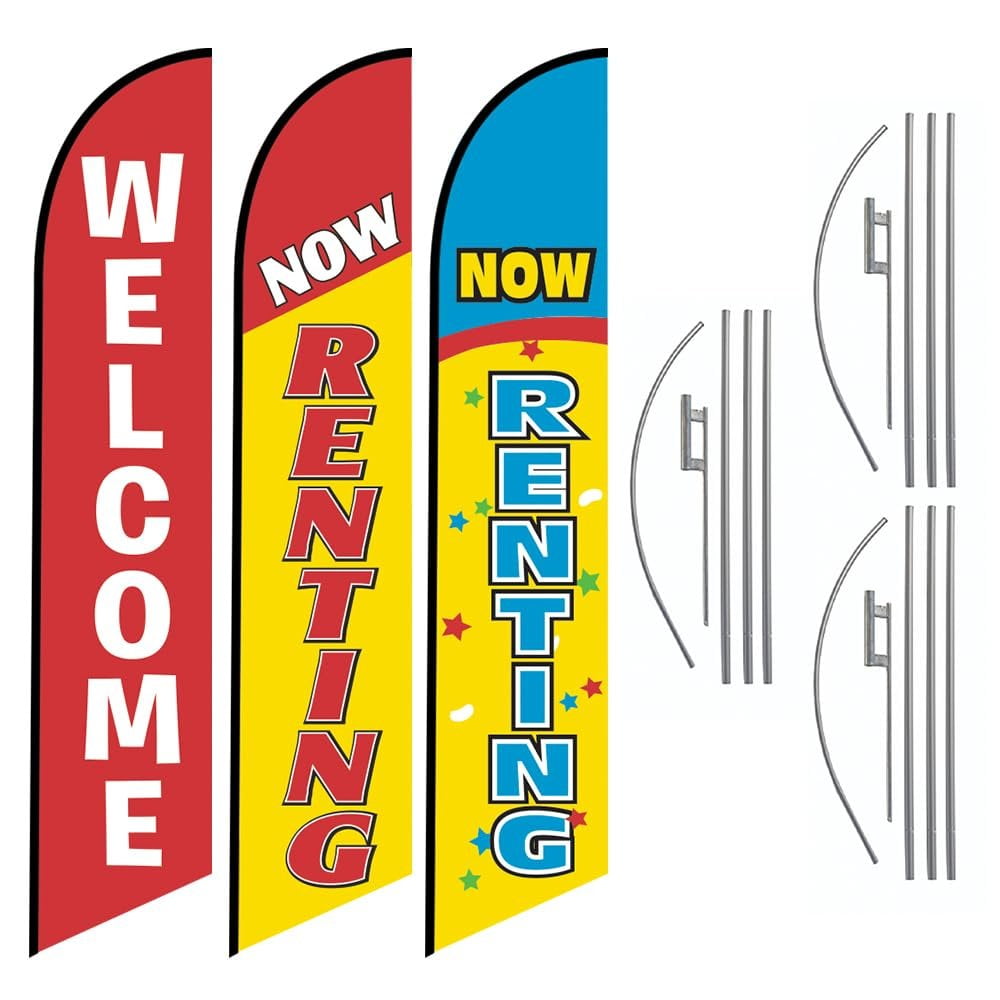Pack of 3 Tall Swooper Feather Flags Now Renting, Welcome, Now Renting ...