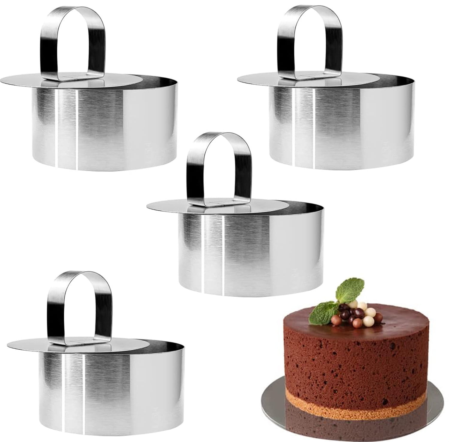 Pack of 4 Cake Rings with Pusher,Bexikou Stainless Steel Dessert Mousse ...