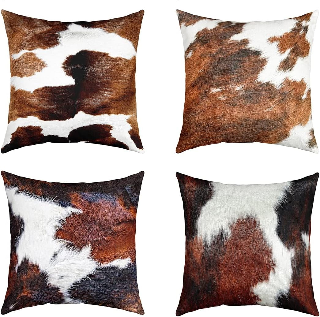 Pack of 4 Cow Fur Printed Decorative Throw Pillow Covers, Farmhouse ...