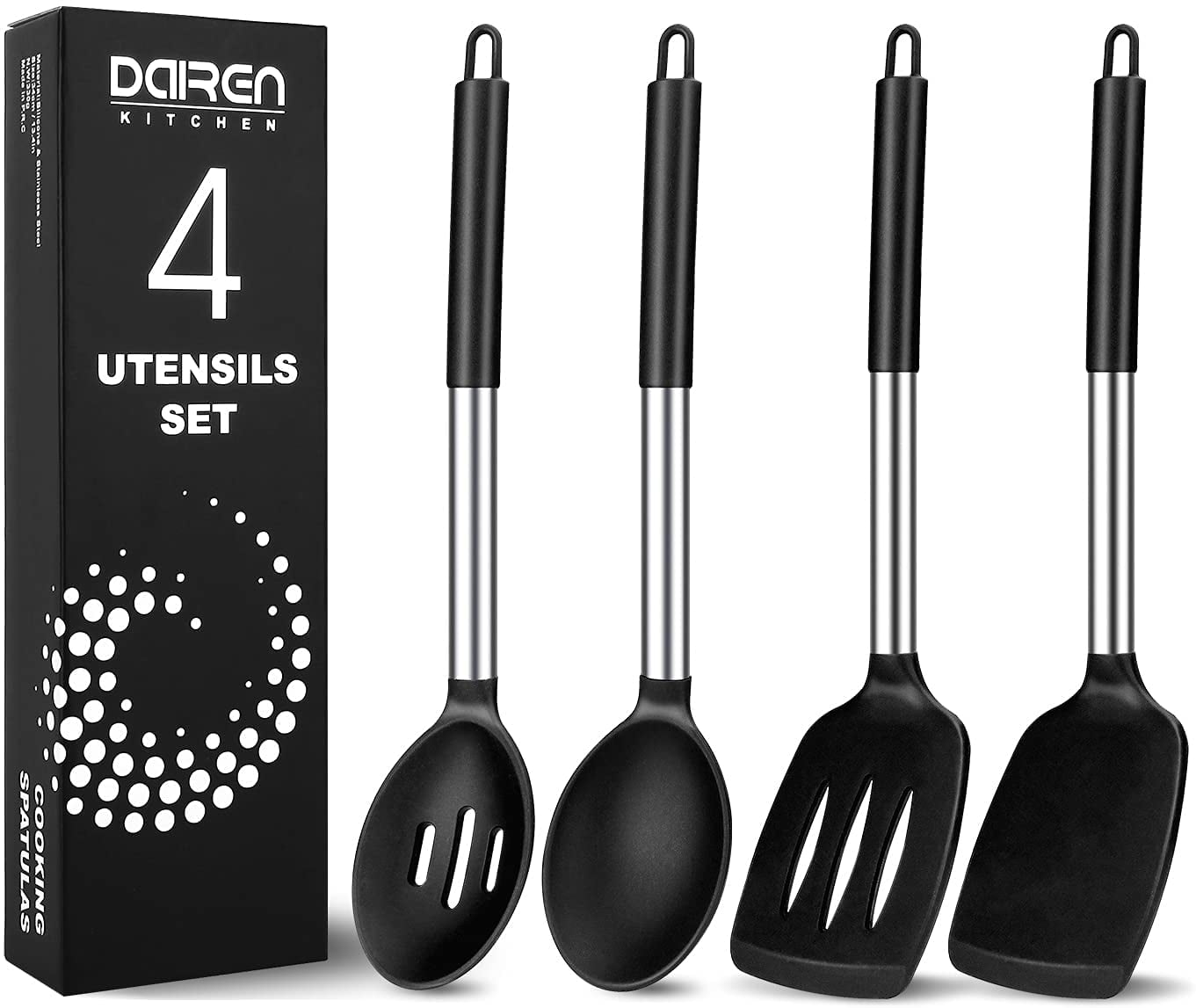 Pack of 4 Large Silicone Cooking Spatulas and Spoons, Slotted and Solid ...