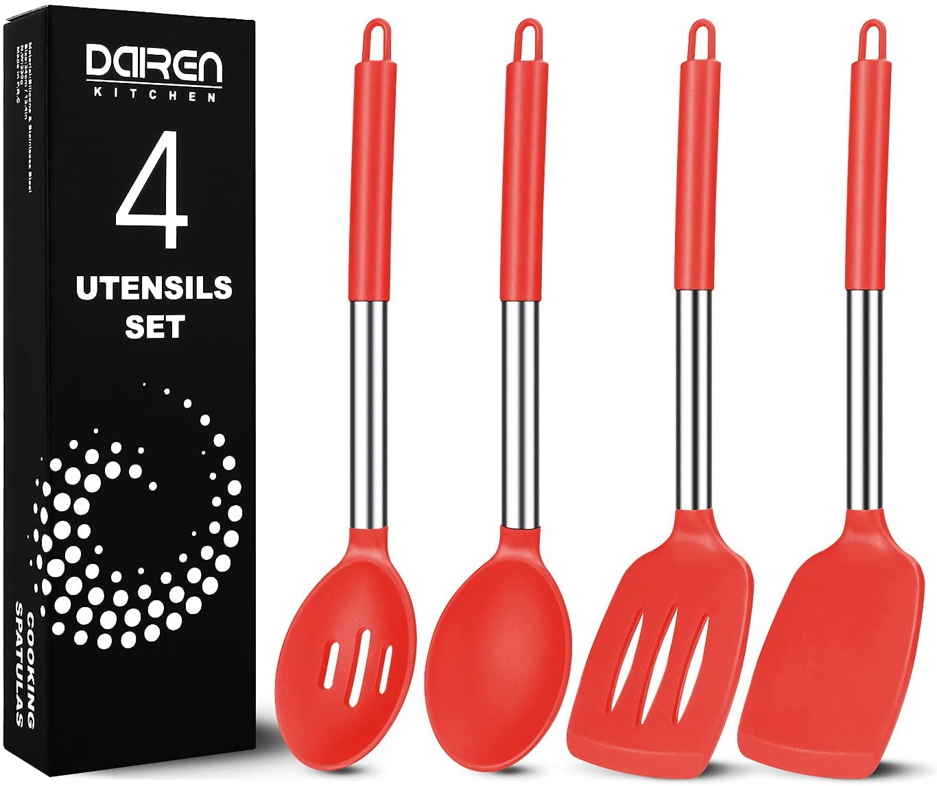 Pack of 4 Large Silicone Cooking Spatulas and Spoons, Slotted and Solid ...