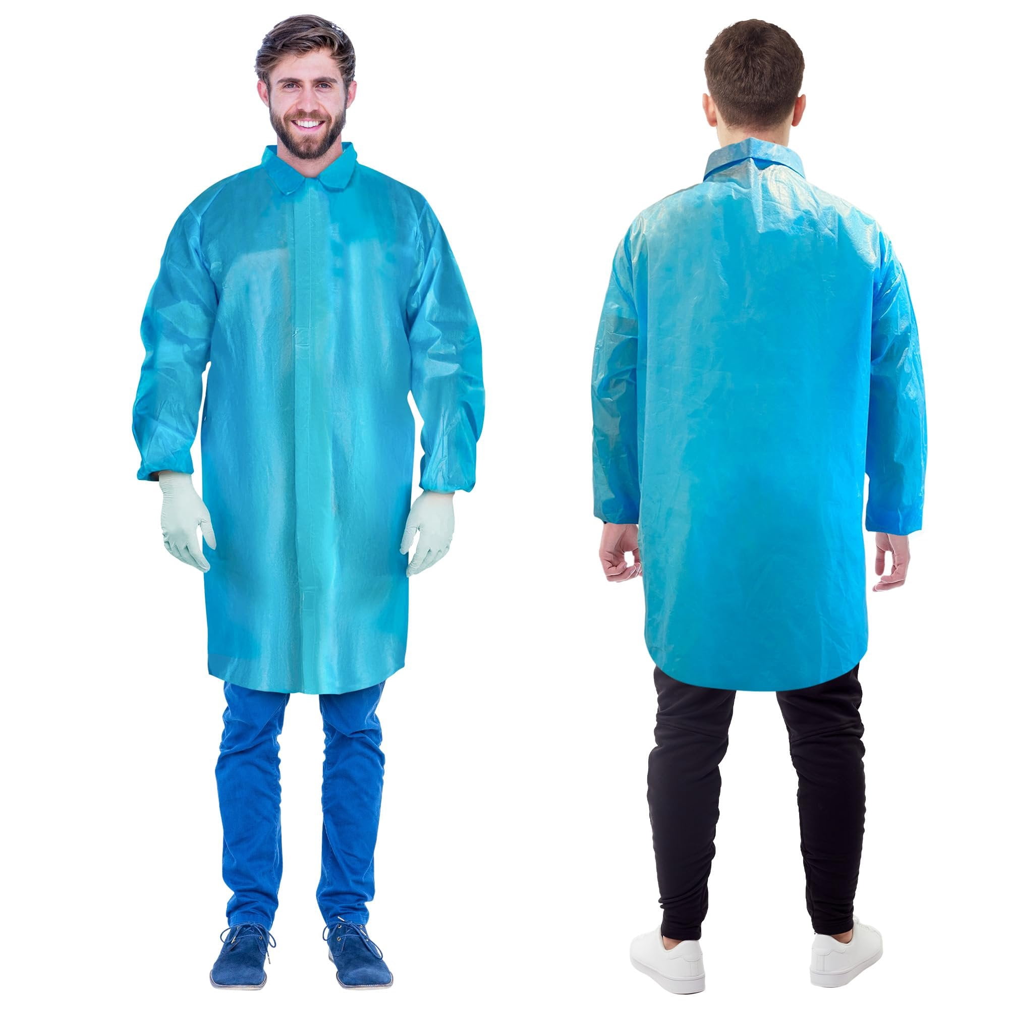 Blue Disposable Lab Coats for Adults, Large. Pack of 50 Polyethylene ...