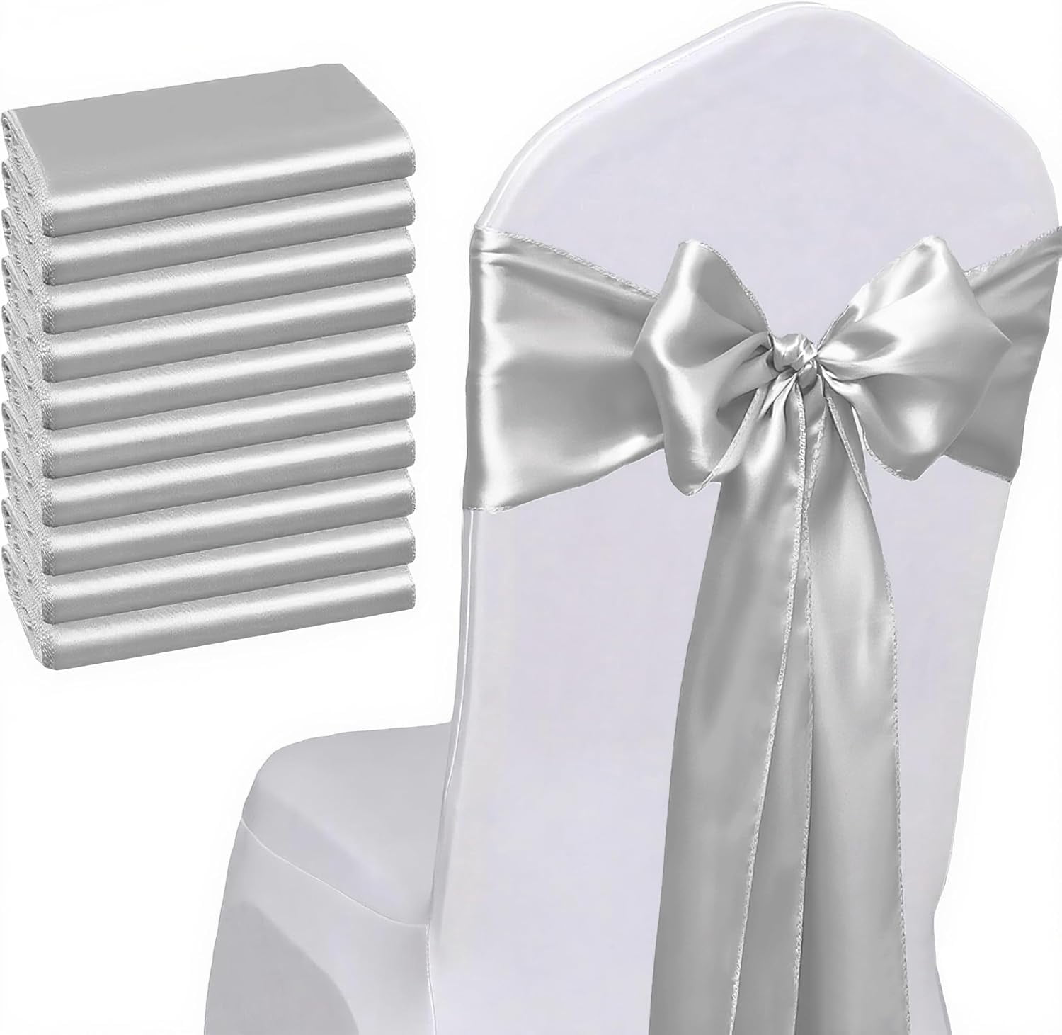 Pack of 50 Silver Satin Chair Sashes Bows 7x108 inches Grey Chairs Sash ...