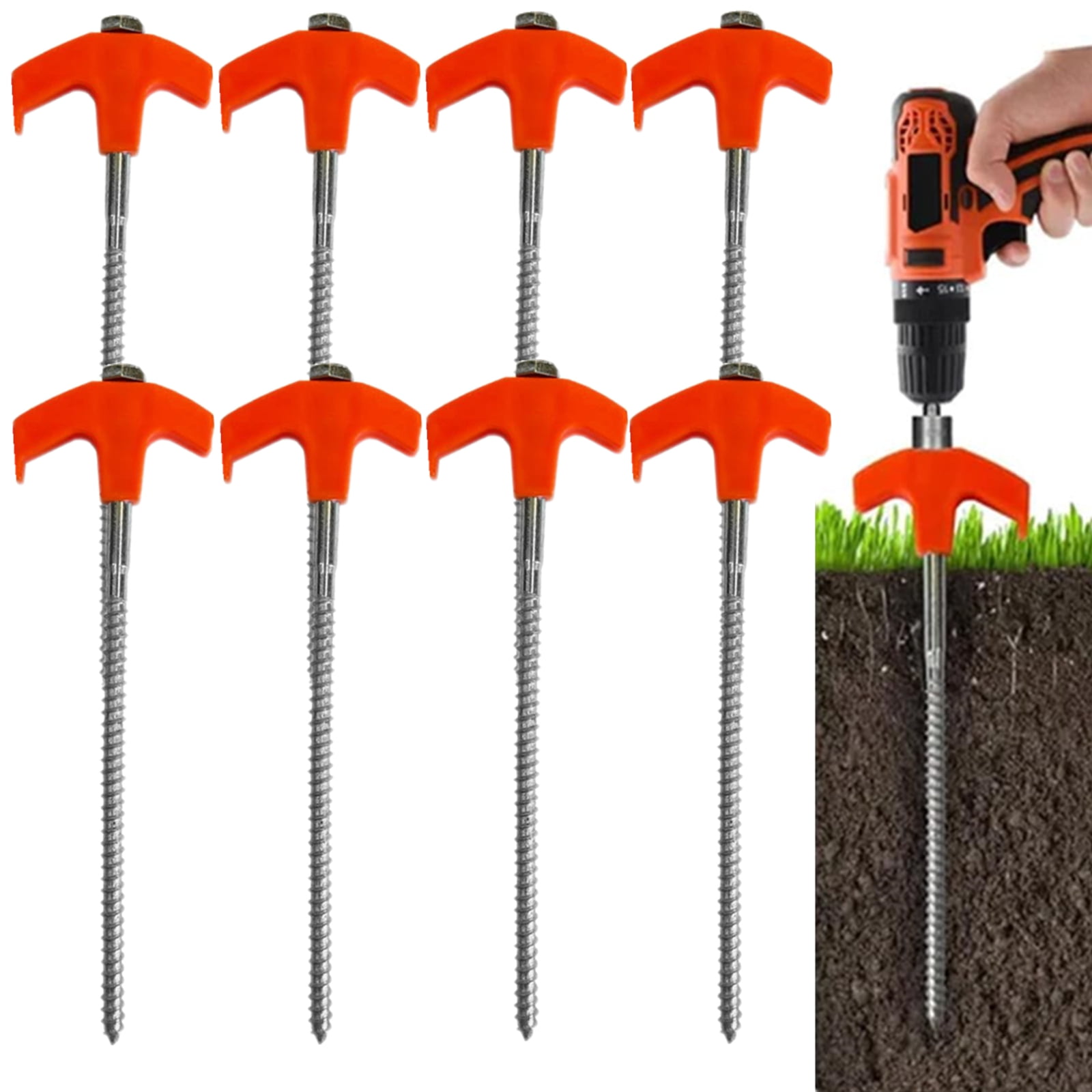 8-Pack Heavy-Duty Steel Tent Stakes: 8'' Screw-In Ground Anchors for ...