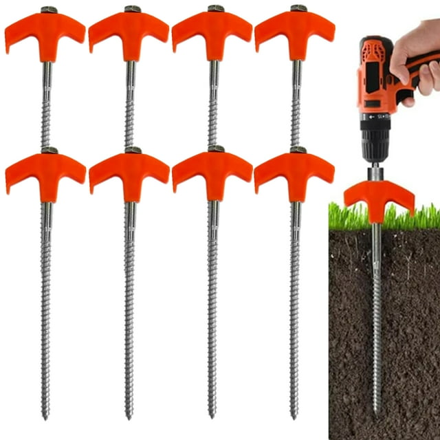 8-Pack Heavy-Duty Steel Tent Stakes: 8'' Screw-In Ground Anchors for ...
