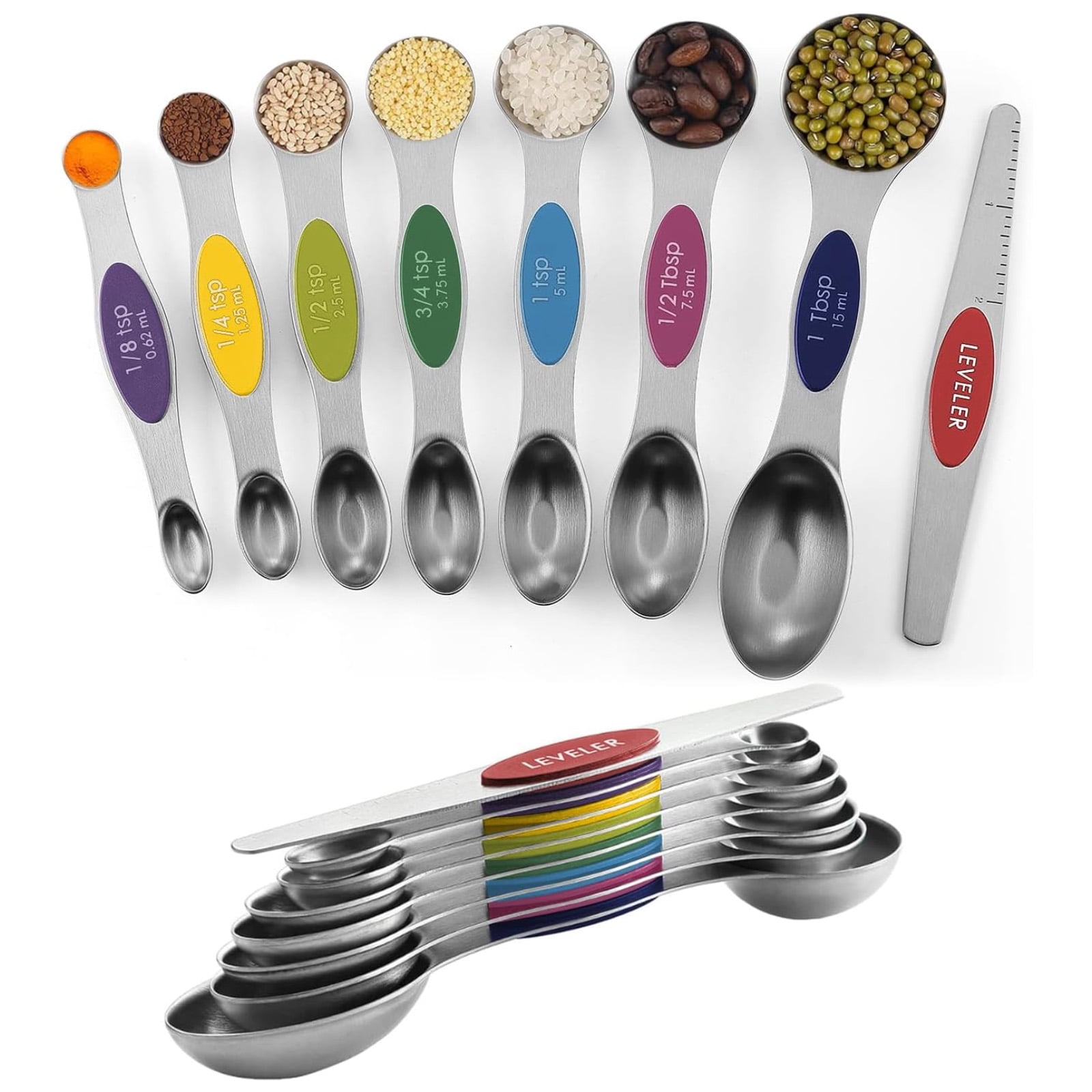 Set of 8 Stainless Steel Magnetic Measuring Spoons Set with Leveler ...