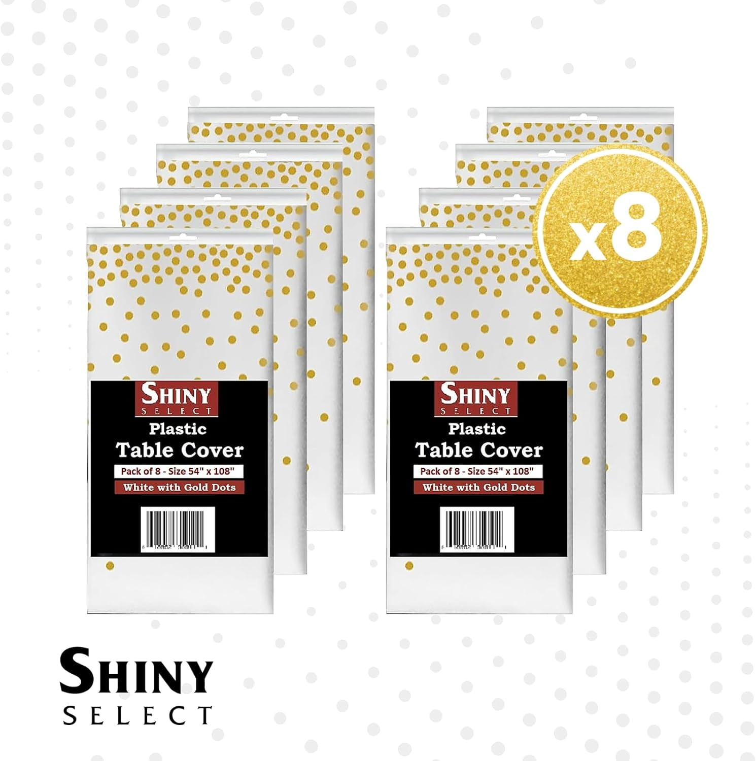 Shiny Select, Plastic Tablecloth, 54"x108", White Gold Polka Dot 8pk ...