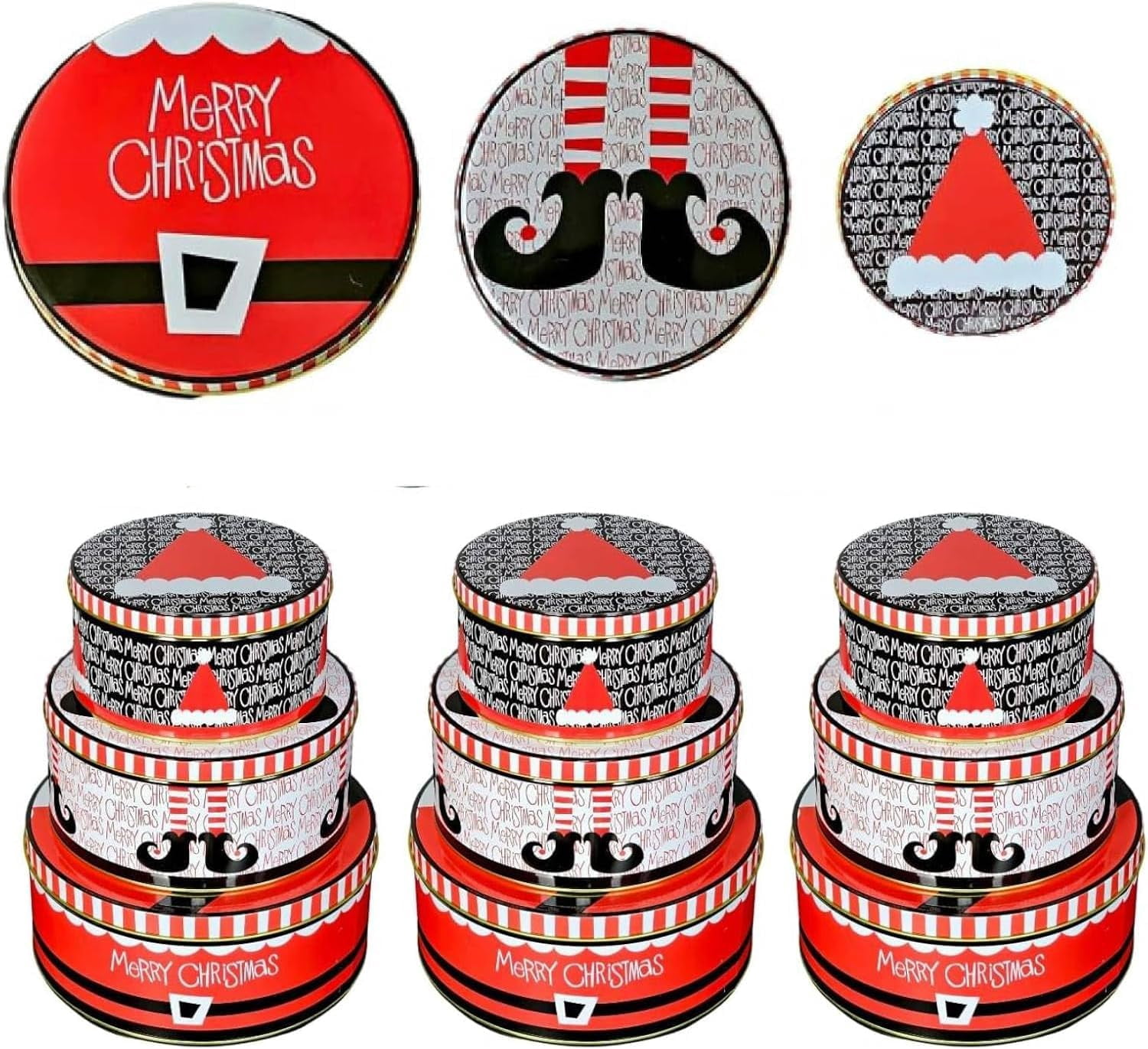 Pack of 9 Round Christmas Cookie Tins With Lids for Gift Giving - Metal ...