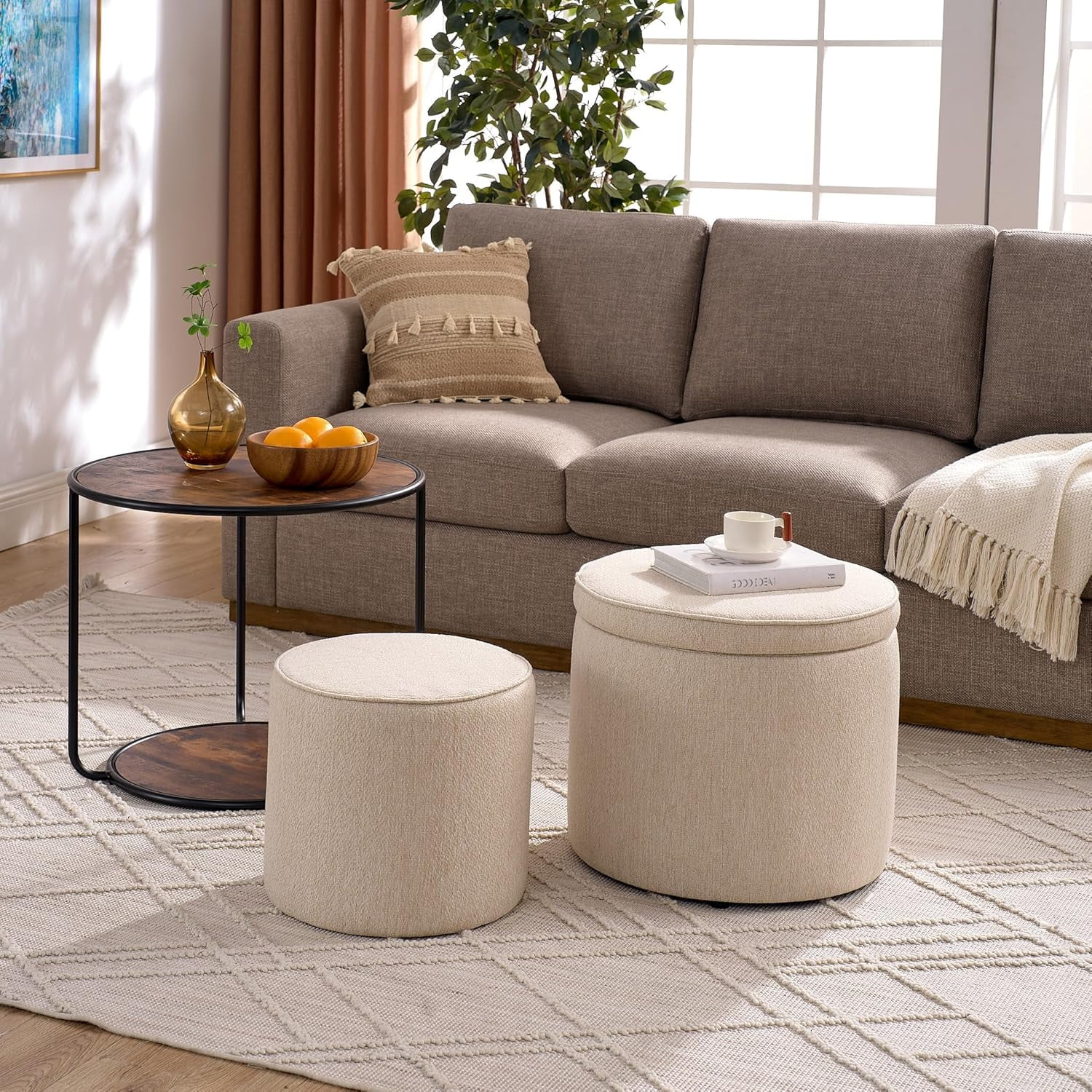 Pack Nesting Storage Ottomans, Round Side Table Nightstand with Steel ...